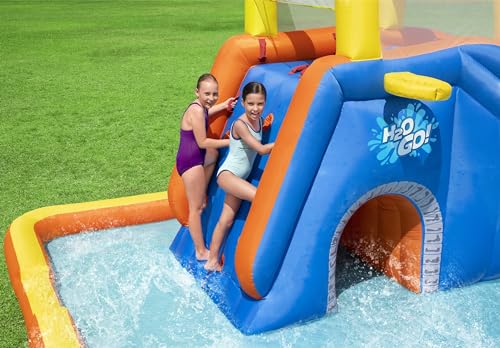 Bestway H2OGO! 18 x 16.5 x 8.7 Foot Super Double Racing Super Speedway Kids Inflatable Water Park with Air Blower, Ground Stakes, and Storage Bag