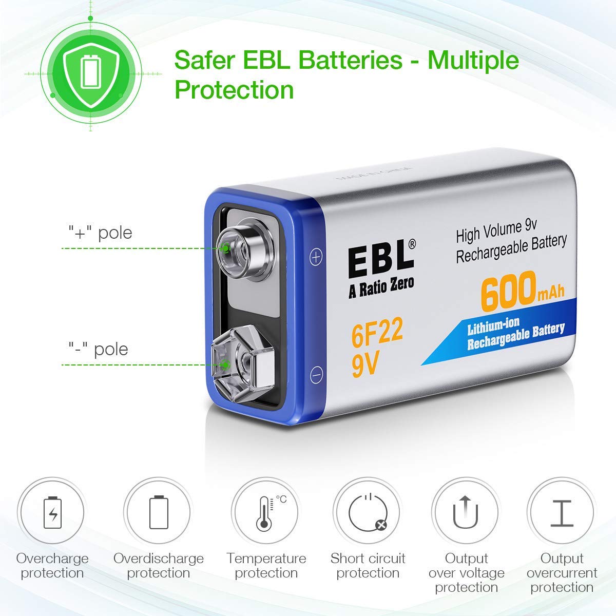 EBL 9V Rechargeable Batteries Lithium ion 9V 600mAh Batteries 600mAh (5 Packs) with 5 Bay 9V Battery Charger 2A Input for Smoke Alarm Detectors