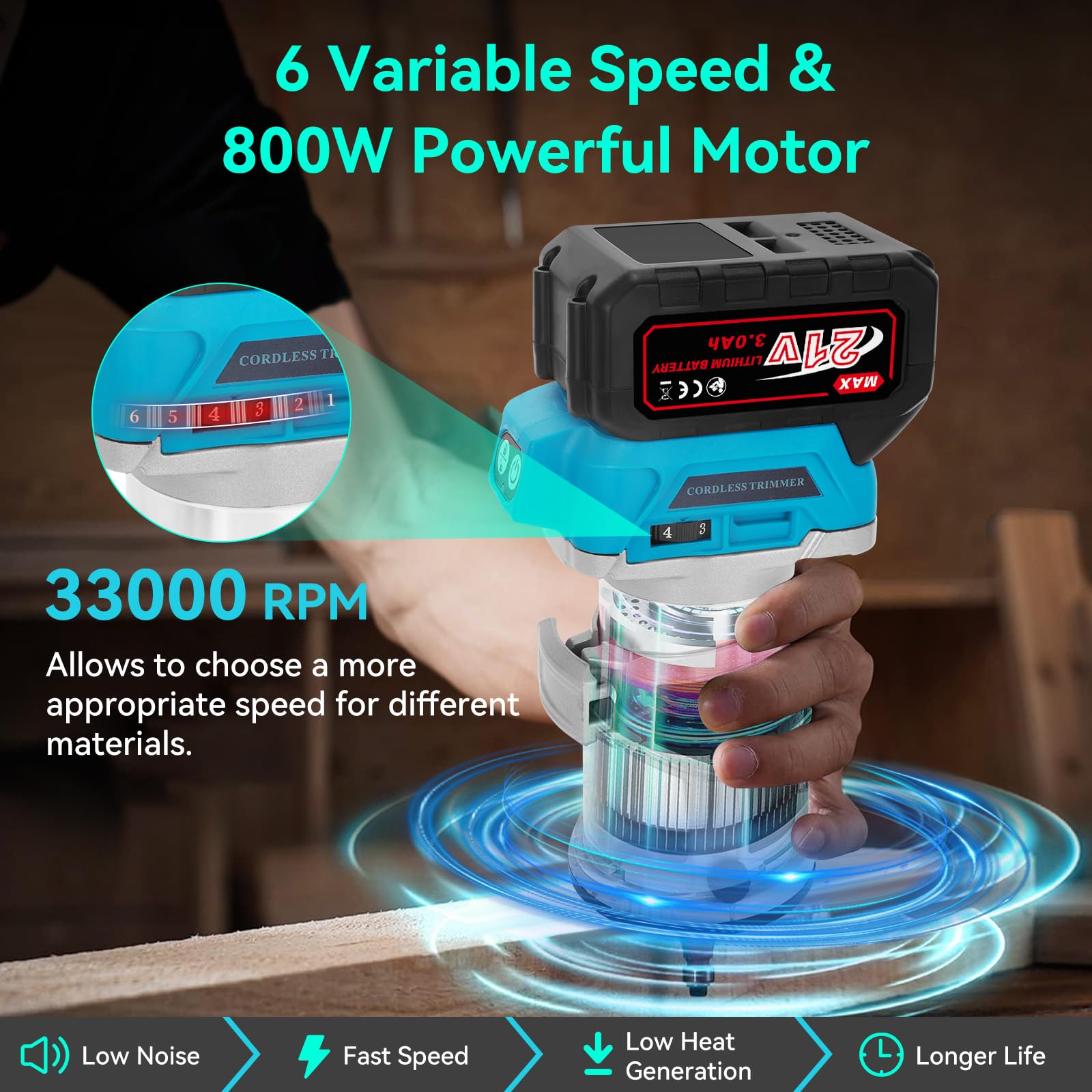 iklestar Cordless Compact Wood Router, 21V Wood Router Tool With 2PCS Batteries Brushless Portable Handheld Palm Routers for Woodworking Electric Trimmer Wood Router with 15 PCS 1/4" Router Bits