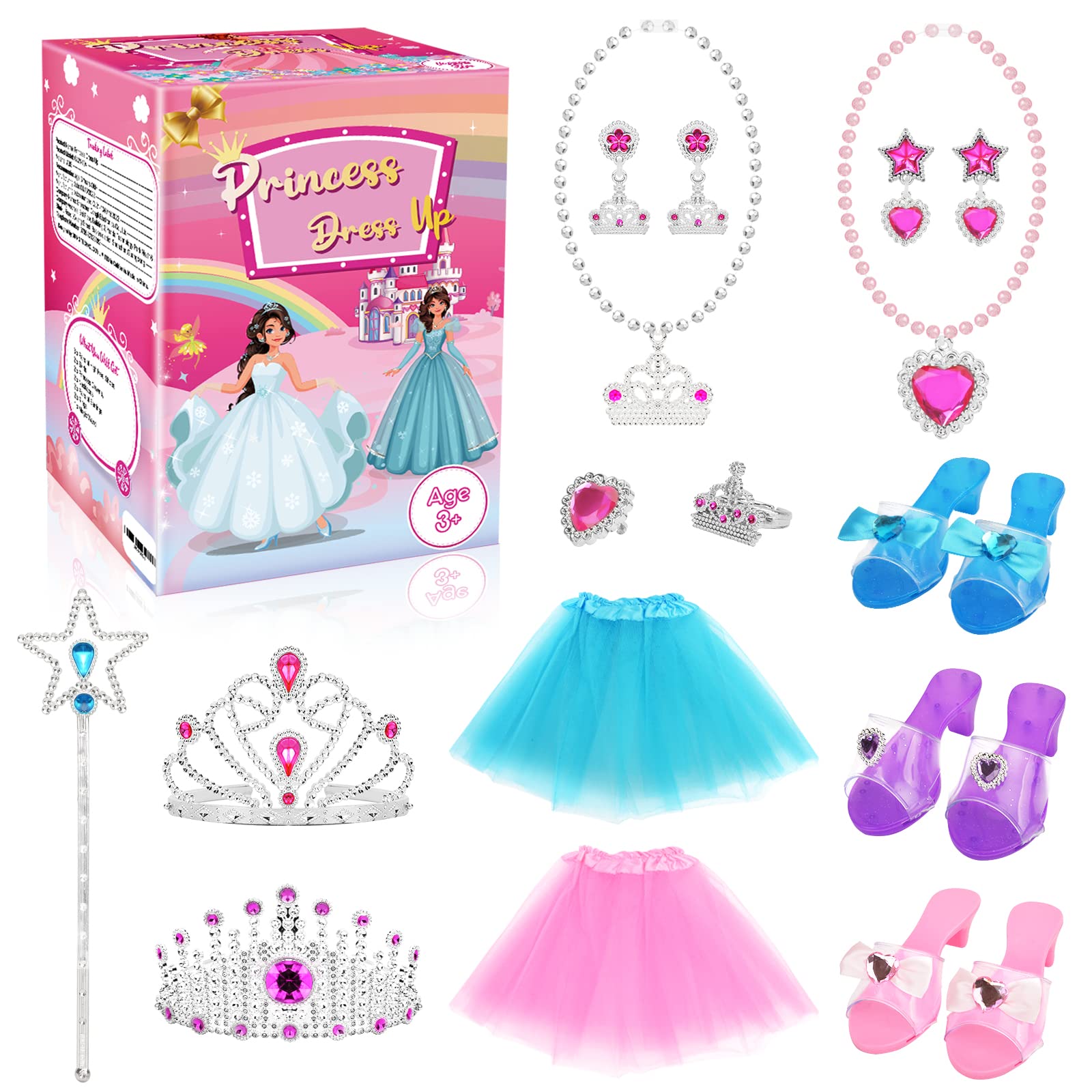 Princess Dress Up Shoes and Jewelry Boutique, Pretend Play Toy Set for Little Girls, Princess Accessories Set with Jewelry, Fashion Skirts, Heel Shoes, Beauty Toddler Gift for Age 3 4 5 6 Years Old