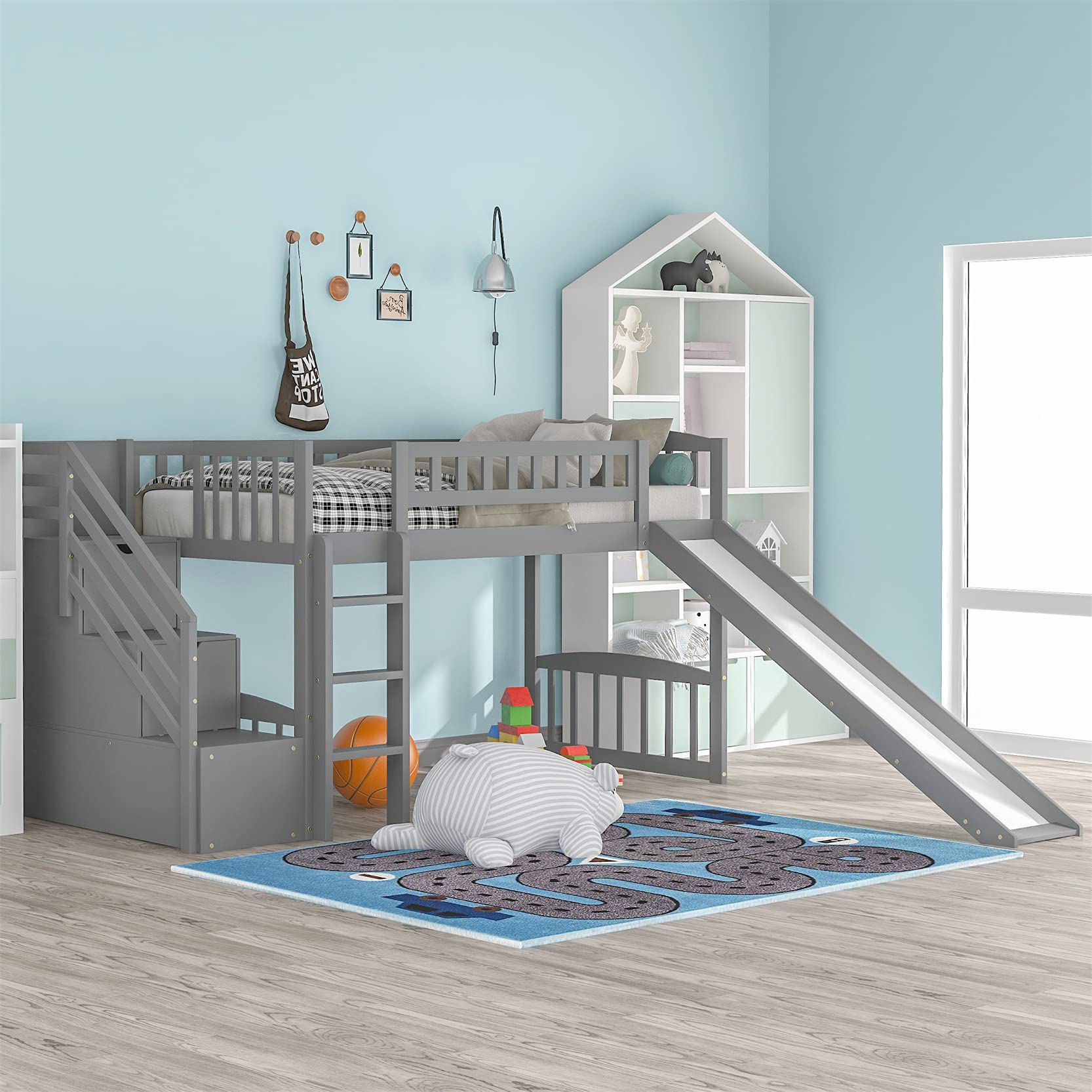Harper & Bright Designs Twin Loft Bed with Slide for Kids, Wood Slide Loft Bed with Stairs and Built-in Ladder, No Box Spring Needed,Grey