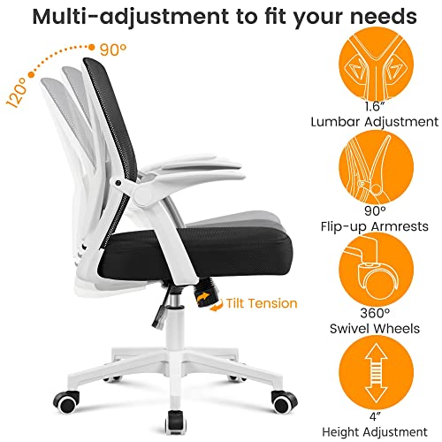 Topeakmart Office Chair Ergonomic Desk Chair with Adjustable Lumbar Support, Mid Back Mesh Computer Chair with Flip-up Armrests Task Chairs, Executive Chair for Home Office, White