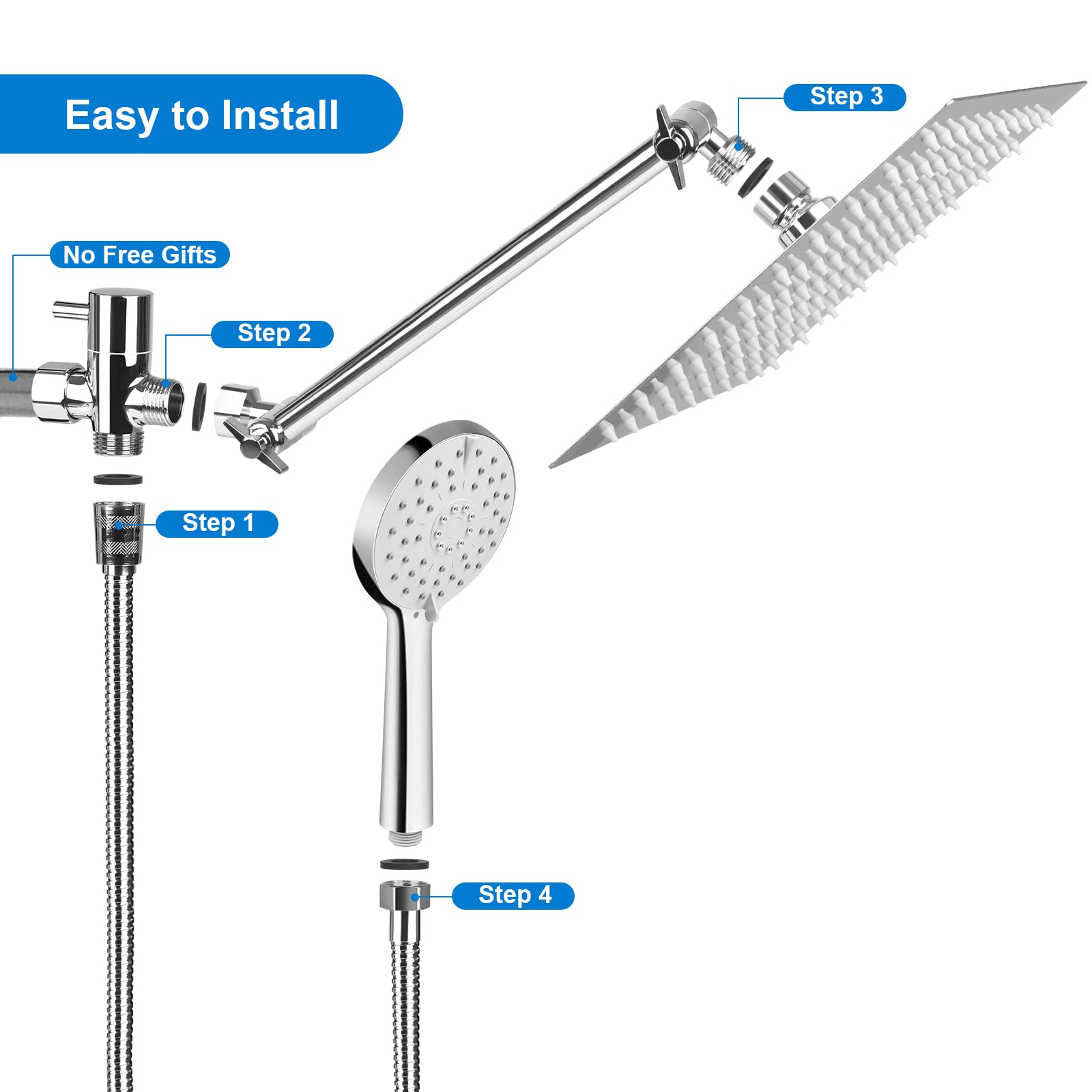 8 '' stainless steel high-pressure shower head, electroplating handheld five gear handheld shower head, 11 inch copper electroplating extended arm, copper electroplating three-way water separator
