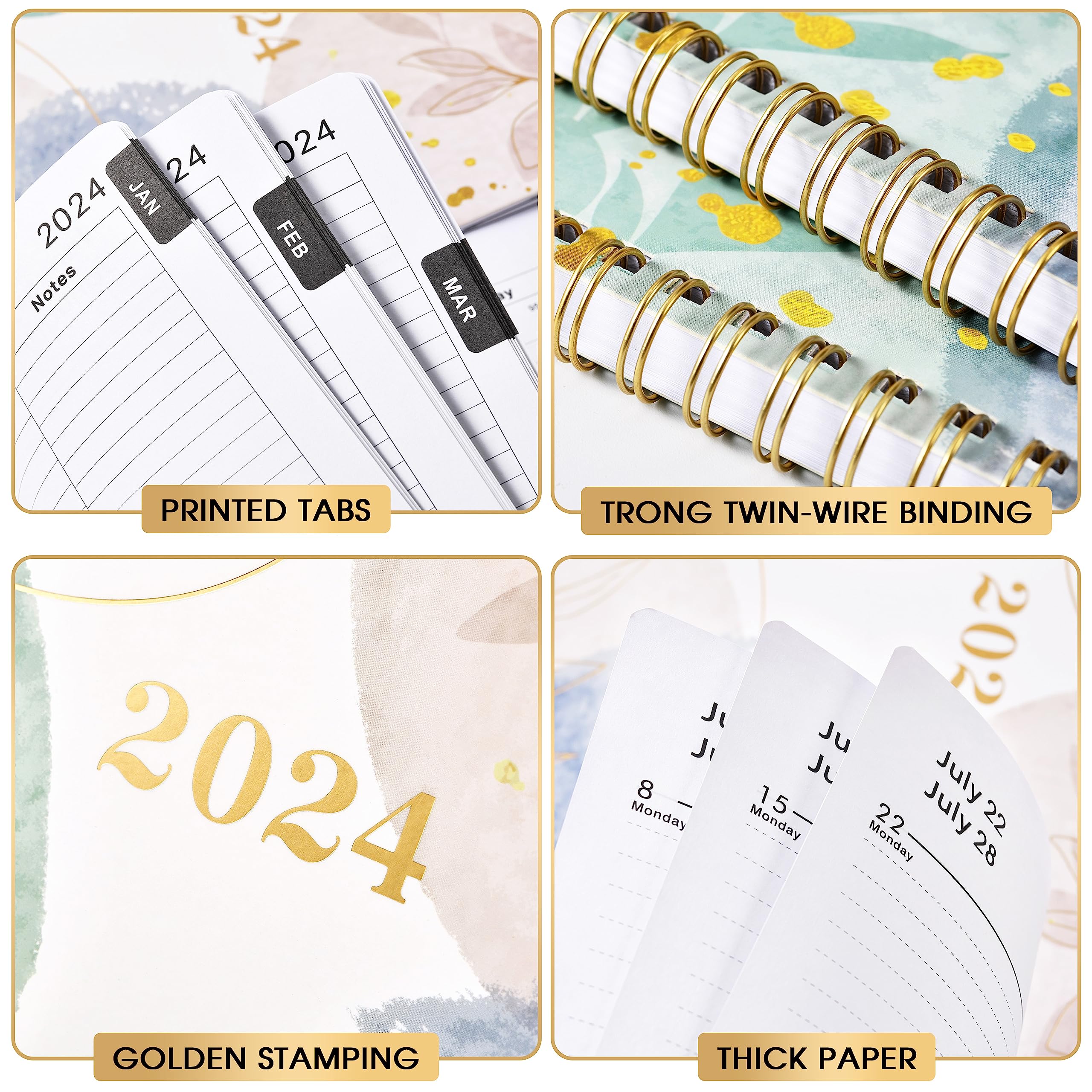 2024 Planner - Planner/Calendar 2024, Jan. 2024 - Dec. 2024, 2024 Planner Weekly and Monthly with Printed Tabs, 8" x 10", Flexible Cover with Thick Paper + Twin-Wire Binding - Waterink