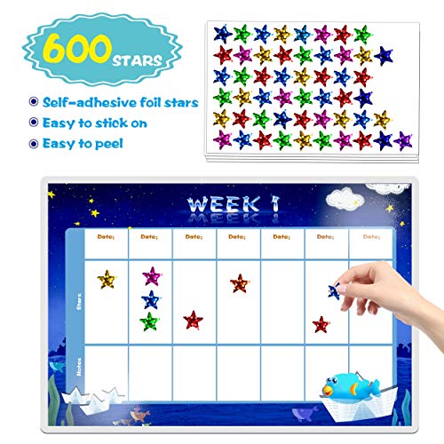 SpriteGru Potty Training Reward Chart with 4X Waterproof Weekly Charts, 6X Diploma, 600X Colorful Stars. Perfect for Multiple Toddlers’ Motivational Toilet Training (Each chart 11” X 7”)