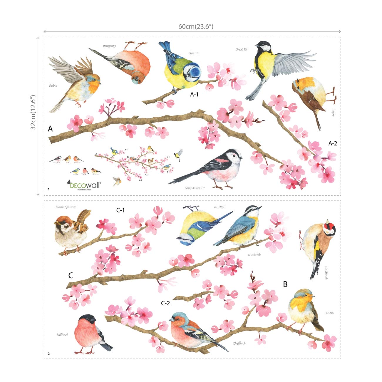 DECOWALL DWL-1904 Cherry Blossom Garden Birds Kids Wall Stickers Wall Decals Peel and Stick Removable Wall Stickers for Kids Nursery Bedroom Living Room d?cor