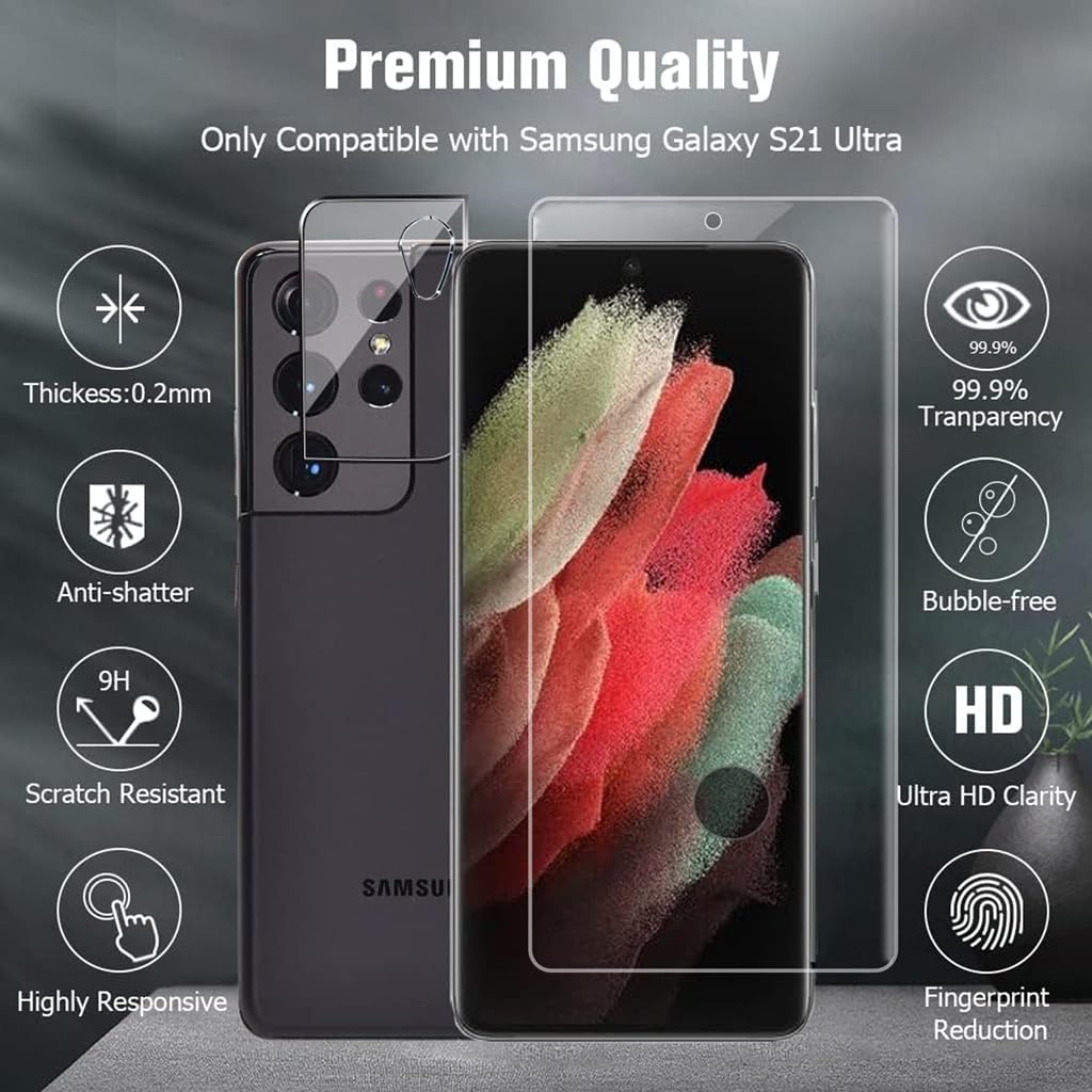 3 Pack Samsung Galaxy S21 Ultra Screen Protector, 1 Pack Camera Lens Protector, Compatible Fingerprint, 9H Scratch-Resistant HD Clear Tempered Glass Screen Protector Galaxy S21 Ultra Screen Protector