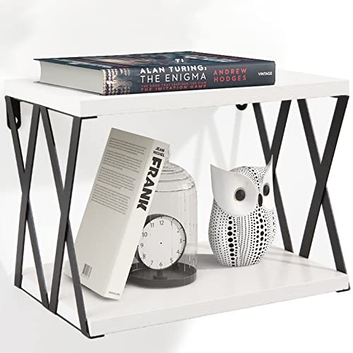 Afuly Bedside Table Wall Mounted, 2 Tier Rustic Wood Floating Nightstand for Bedroom Decor Storage, Black Wall Bedside Shelf for Home Livingroom Bathroom Kitchen Decorative