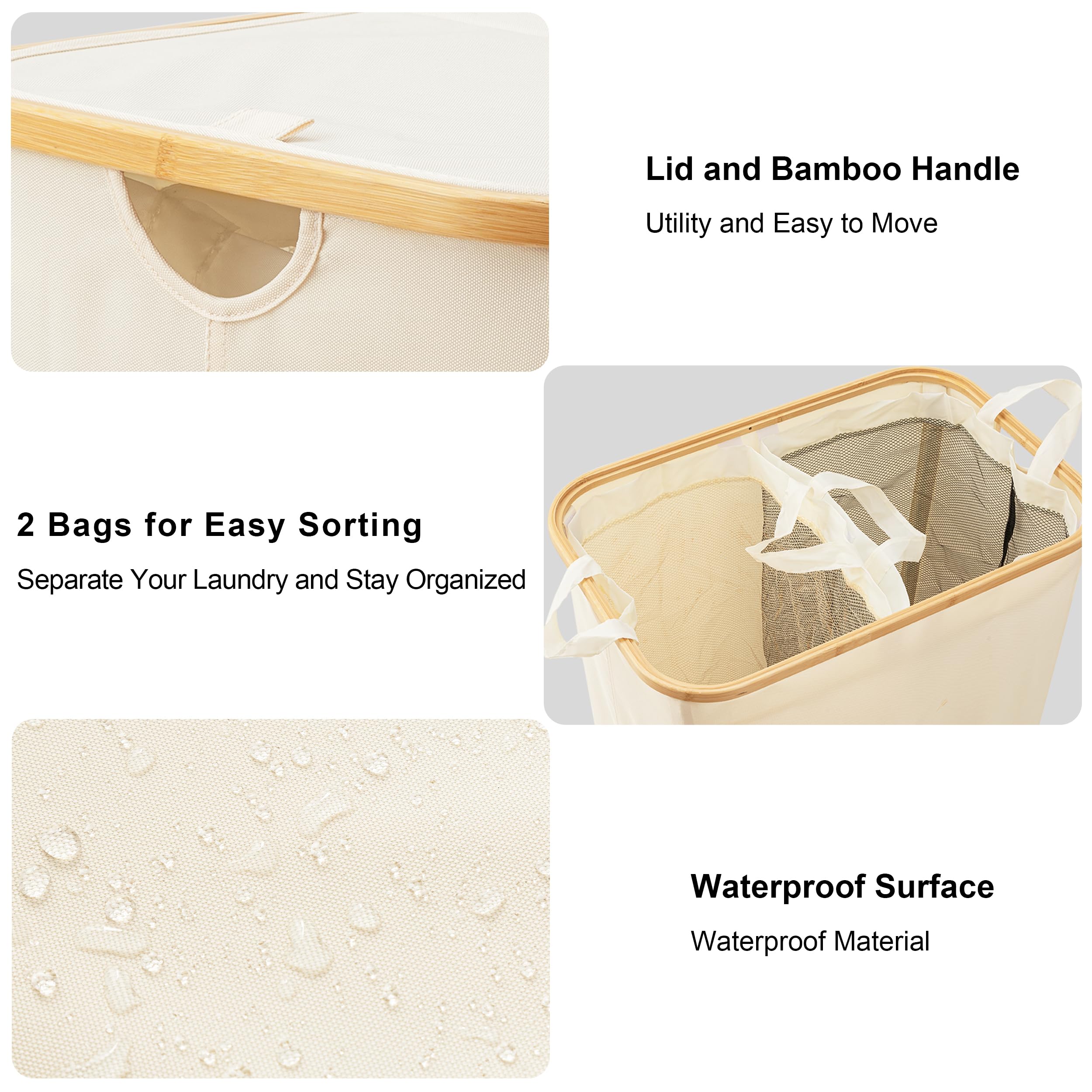 Double Laundry Hamper with Lid and Removable Laundry Bags,145L Large Laundry Hamper 2 Section Collapsible Dirty Clothes Hamper for Laundry Room,College Dorm,Bathroom Beige