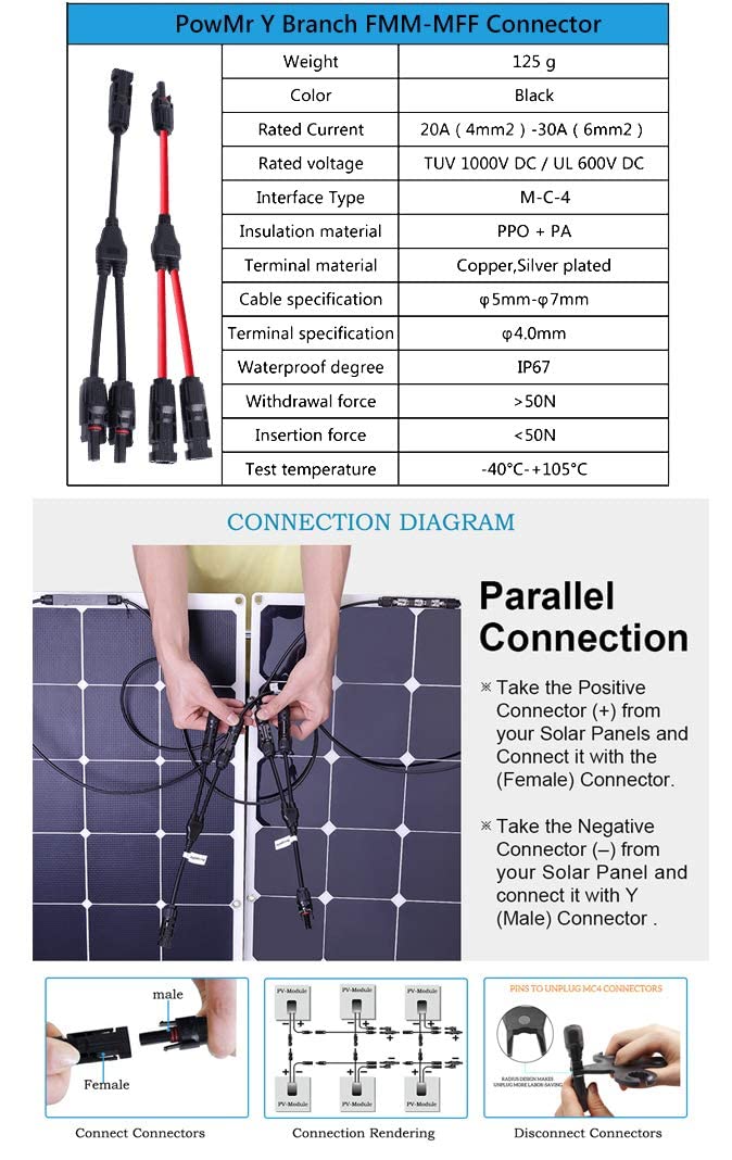 60A Solar Charge Controller Solar Panel Charger Controller 12V/24V, Adjustable LCD Display with 5V Dual USB Timer Setting with 2 PCS Solar Connectors Y Branch Parallel Adapter Cable for Solar Panel