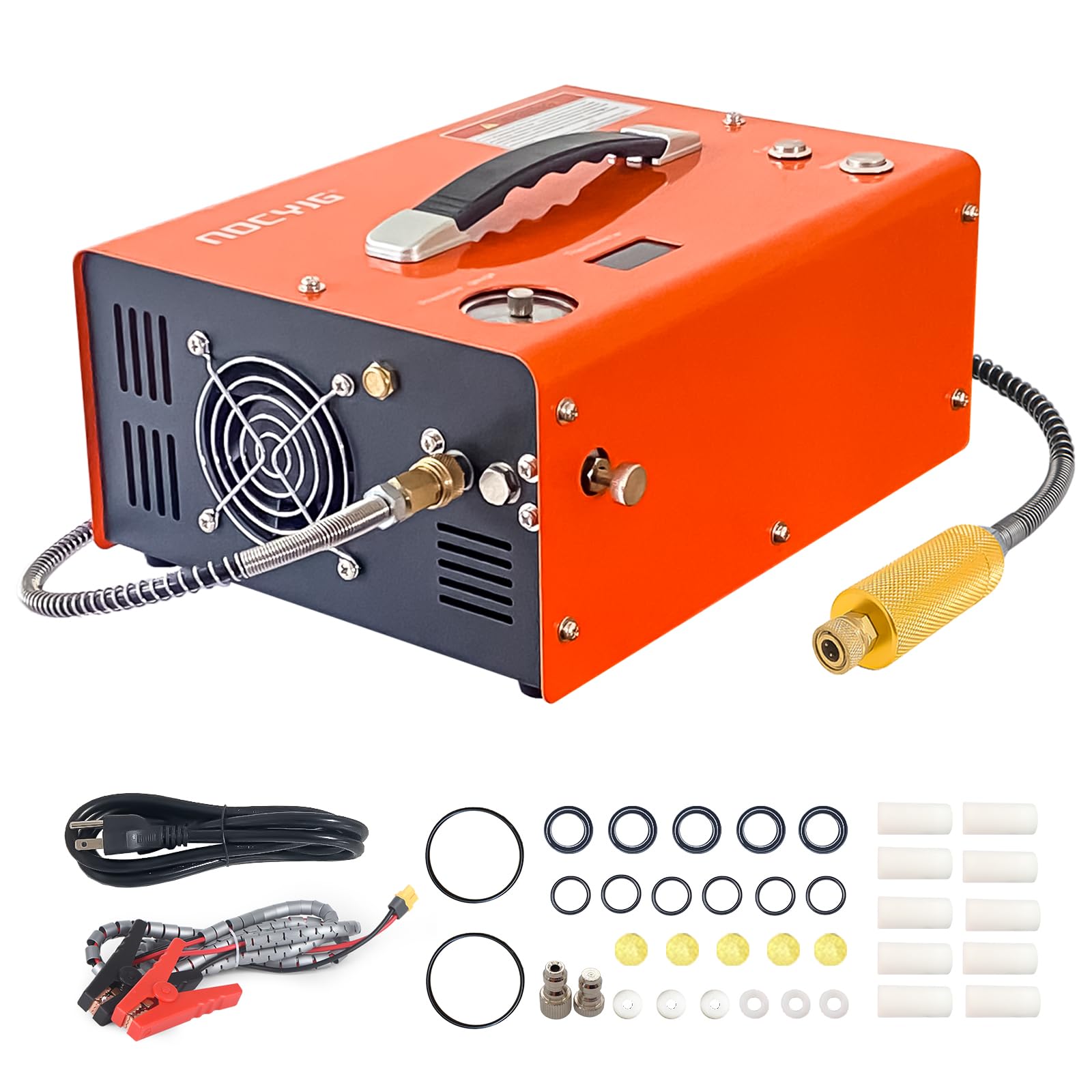 NDCYJG 4500Psi Pcp Air Compressor,Built-in Converter/Water-Oil Filter,Auto Stop,Oil/Water Free,Unique Horizontal Type Spool Portable Design,Powered by Car 12V DC or Home 110V AC for Paintball/Scuba