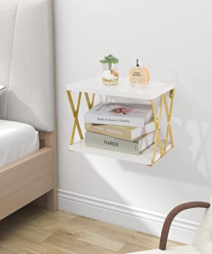 Afuly Floating Nightstand Wall Mounted, 12 Inch Bedside Table for Bedroom Storage Decor, Modern White Gold Wall Shelves for Home Livingroom Bathroom Kitchen Decor