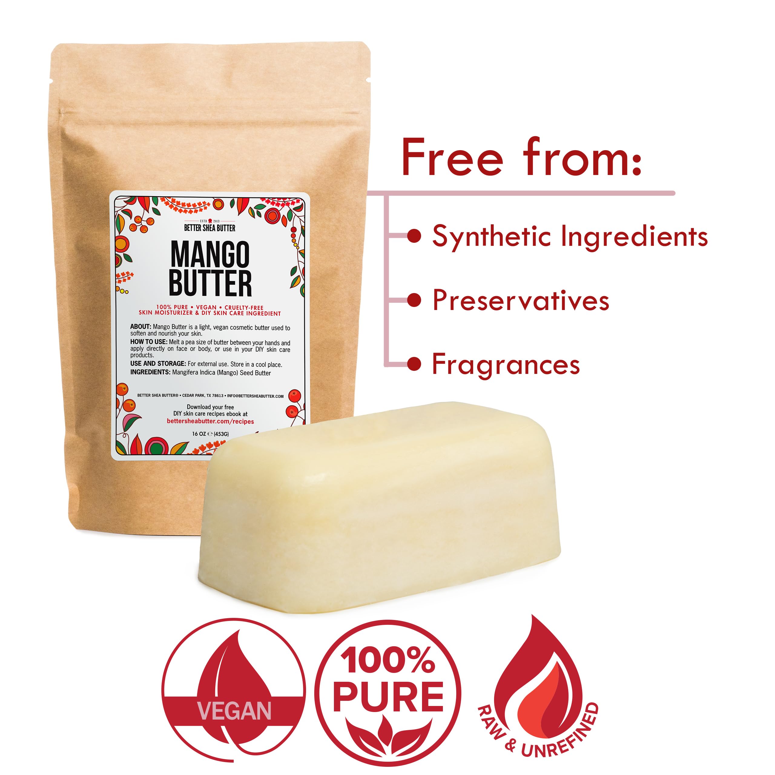 Better Shea Butter Mango Butter 100% Natural Skin Moisturizer, 1 LB Block
