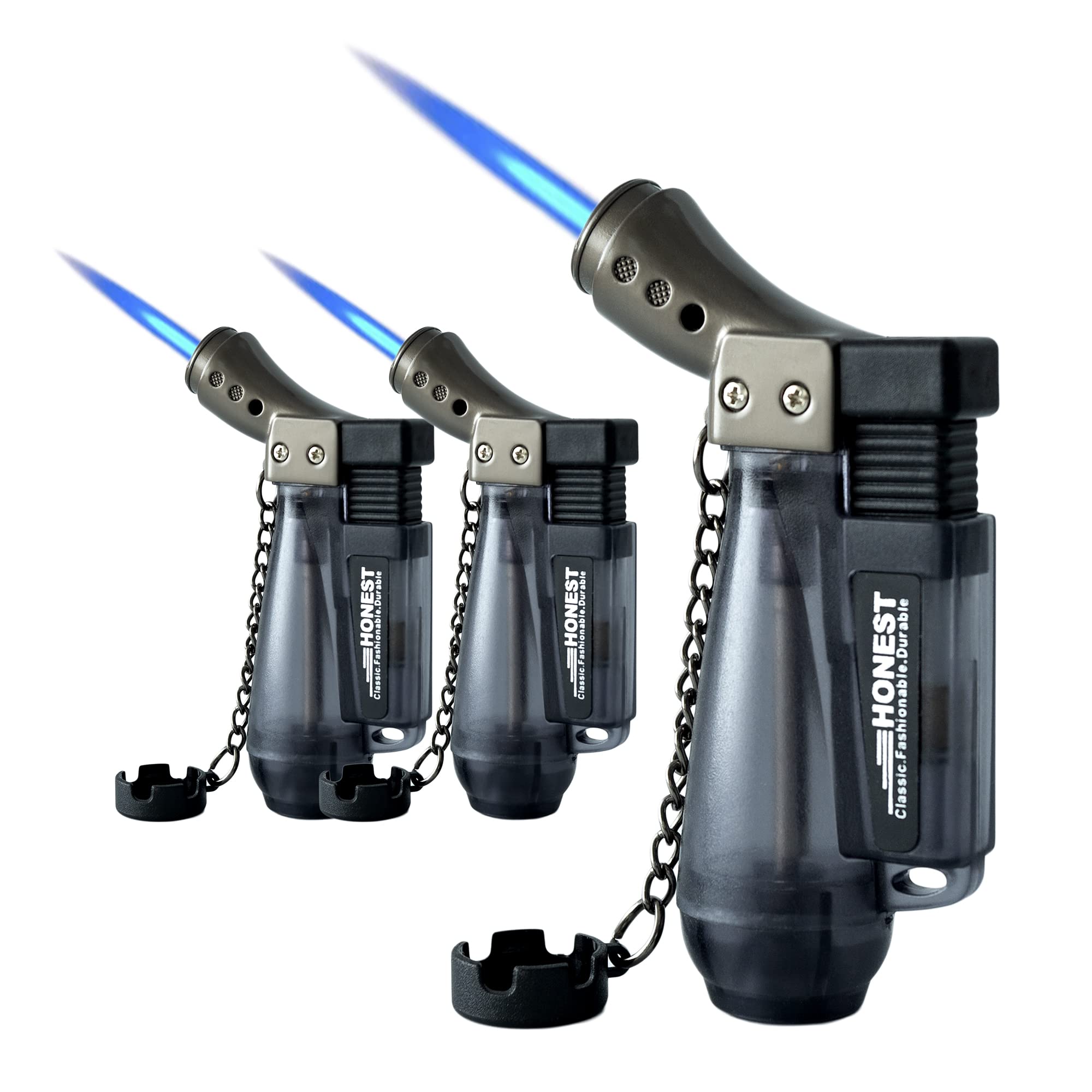 3 Pack Butane Torch Lighters,Fuel Tank Viewable,Keychain Hole,Windproof Single Torch, Butane Refillable Lighter (Black)