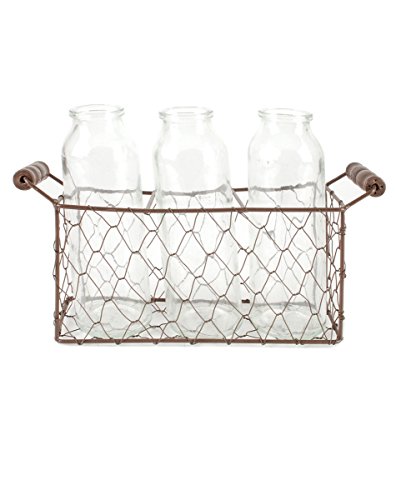 Blossom Bucket 131-36732 Tall Square Metal Basket with Three Glass Bottles, 12 X 8