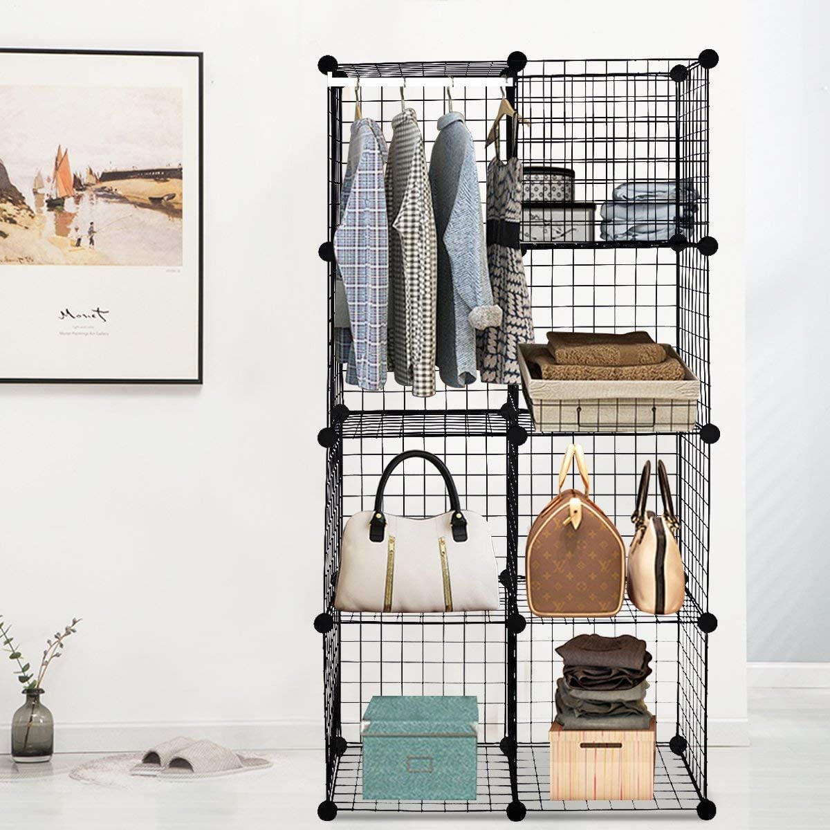 BANGTANE Wire Cube Storage Organizer, 8-Cube Grid Storage Shelves, Modular Wire Shelving Units, DIY Closet Cabinet Organizer for Home, Office, Living Room, 14” x 14”, Black (8 Cubes)