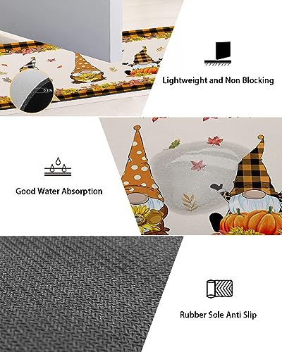 Bathroom Floor Shower Mat, Non-Slip Small Rugs - Easy to Clean, Happy Thanksgiving Day Dwarf Gnome with Pumpkin Sunflower Durable Bath Rug 18"x30" Washable Quick Dry Mats for Bathtubs