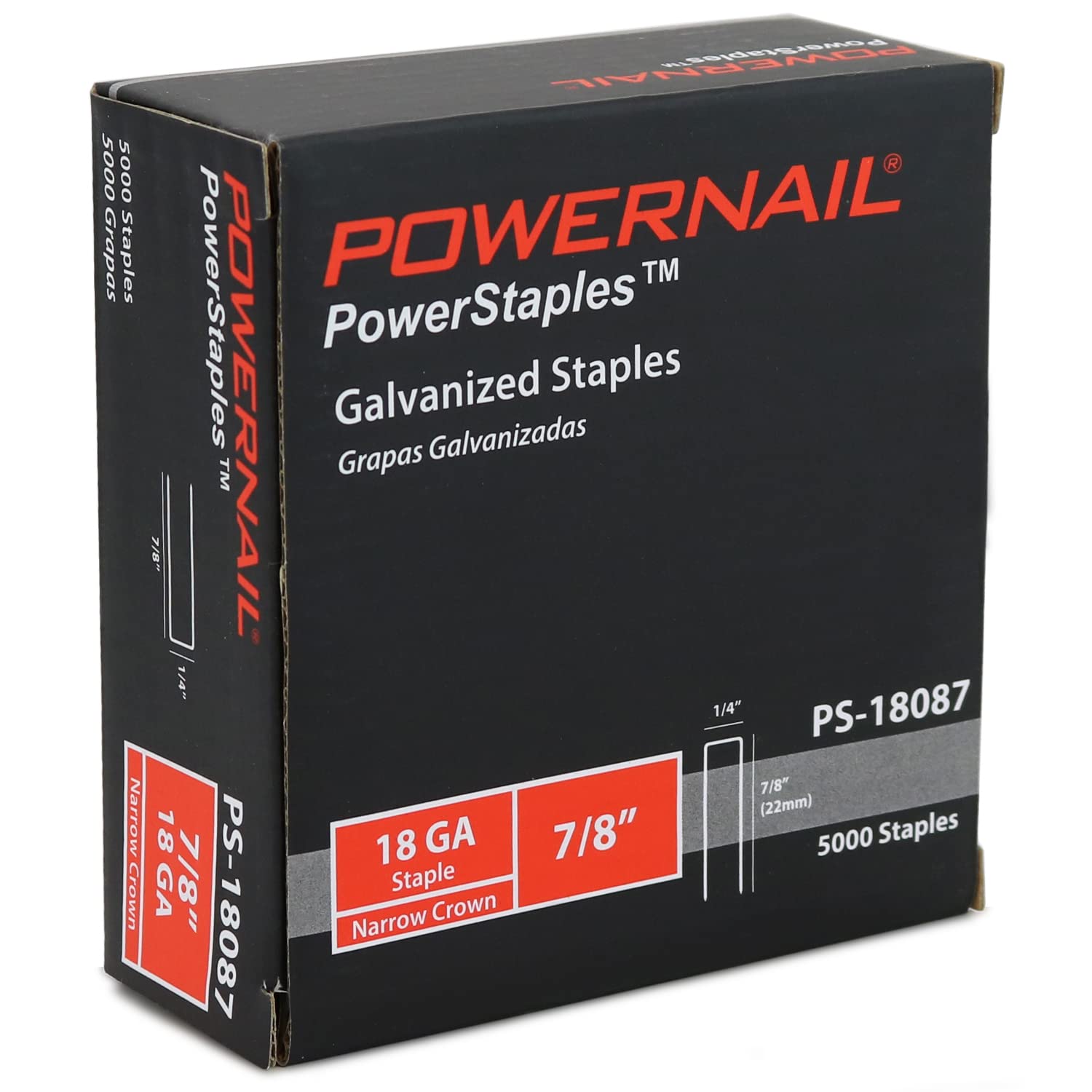Powernail PS18087 18 Gauge 1/4 Inch Crown 7/8 Inch Length Chisel Point Narrow Crown Staples (Case, 50000ct)