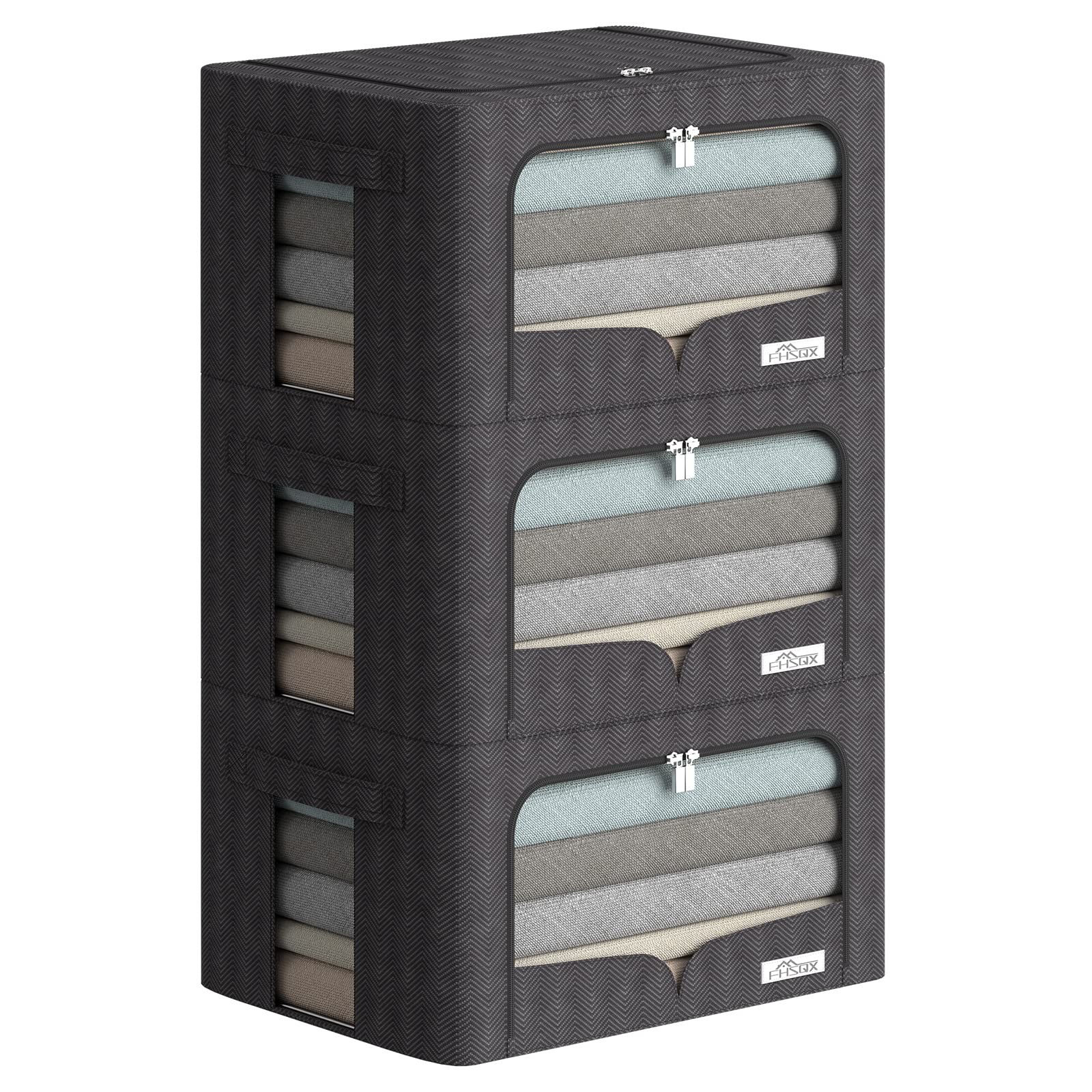 3 Pack Clothes Storage Organizer Bins - Foldable Metal Frame Storage Box Stackable Container Organizer Set with Carrying Handles and Clear Window (Small-22L-15.7x11.8x7.8inch, Black)