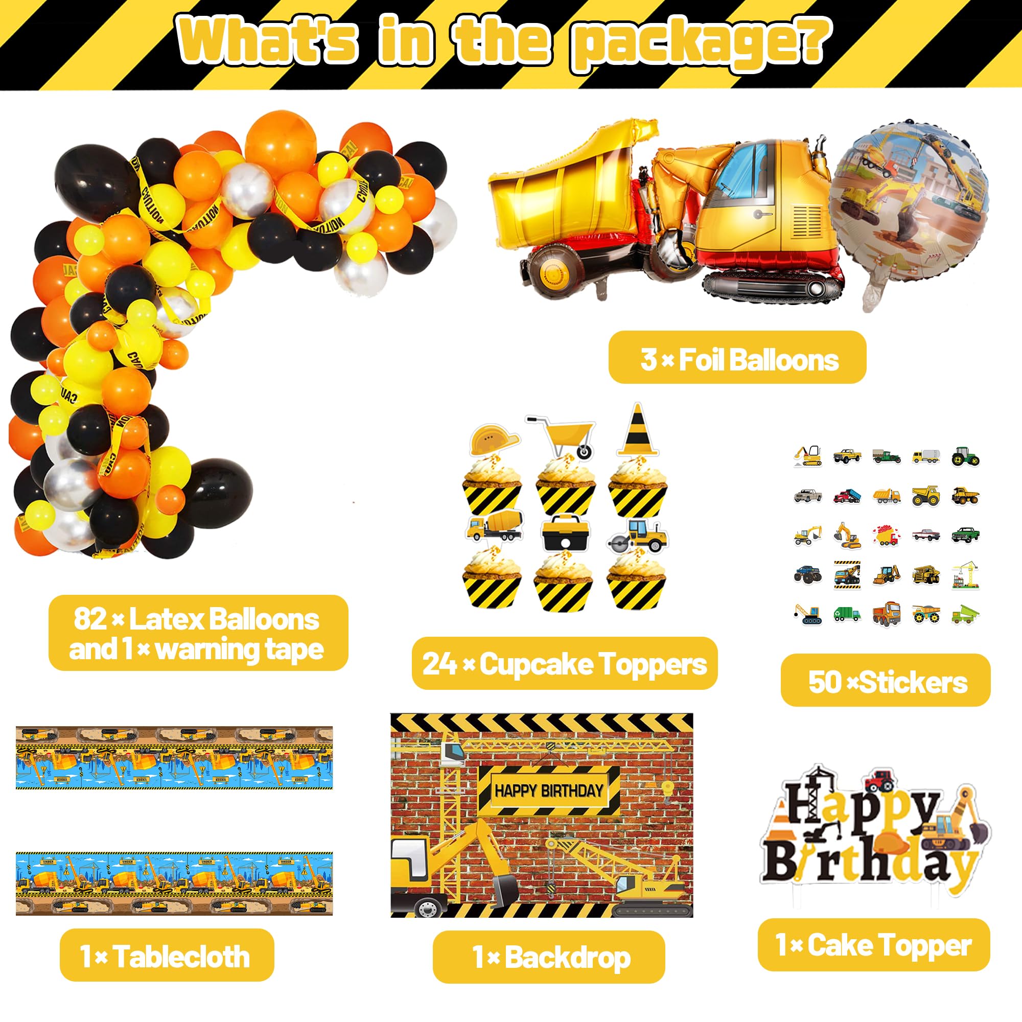258 Pcs Construction Birthday Party Supplies, Construction Birthday Party Decorations, Includes Banner, Cake & Cupcake Topper, Backdrop, Balloons, Tableware and Stickers for Kids Birthday Party