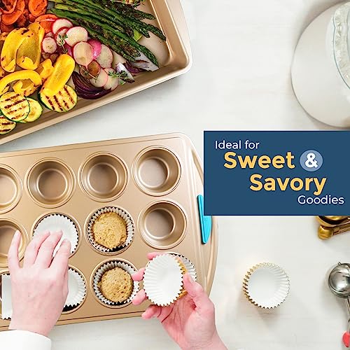 Baking Pan 8 Piece Set Nonstick Gold Carbon Steel Oven Bakeware Kitchen Set with Silicone Handles, Cookie Sheet, Roasting Pan, Lid, Square Pan, Pie Pan, Loaf Pan, Pizza Crisper, Muffin Pan by PERLLI