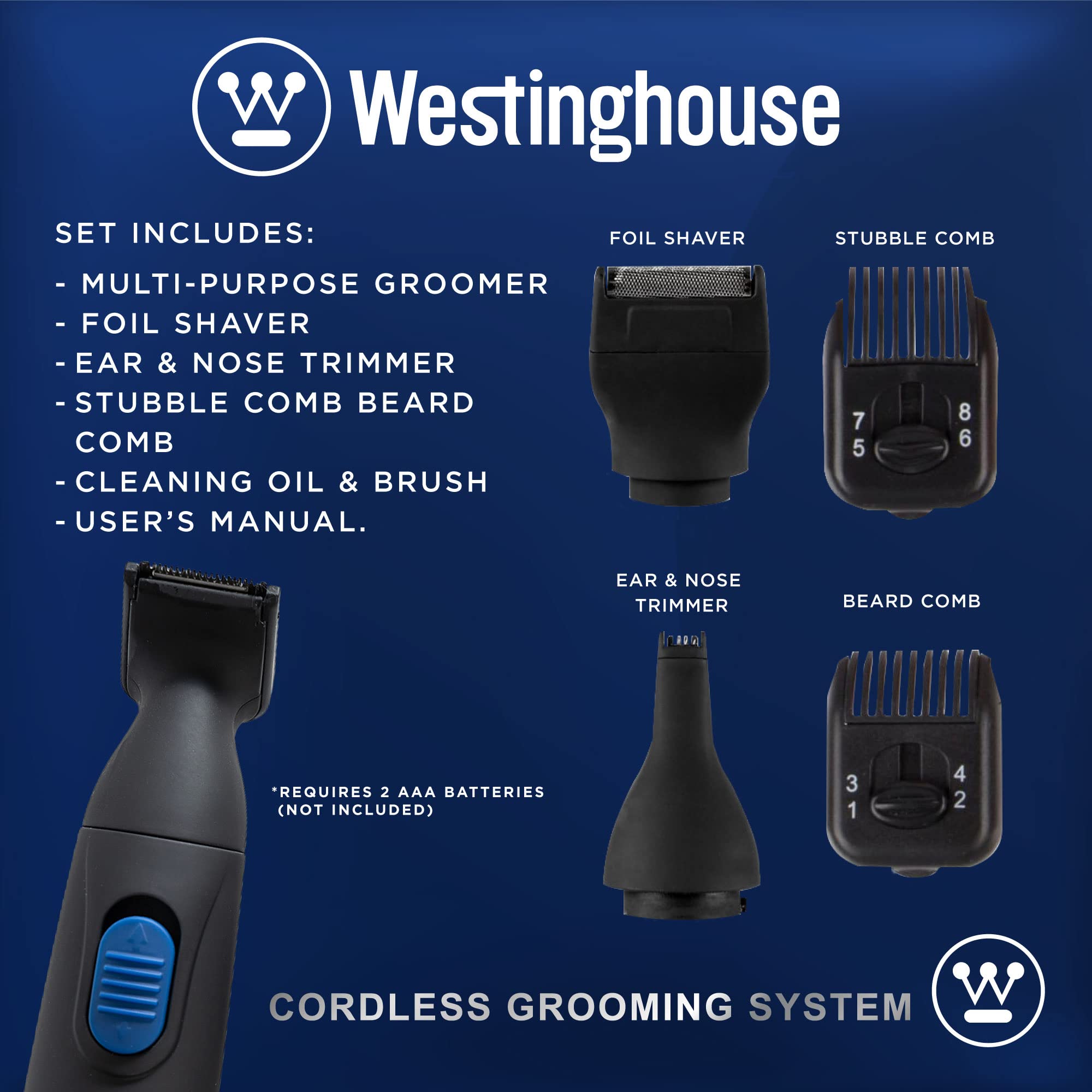 Westinghouse Men's All-in-One Beard Trimmer, Stainless Steel Dual Sided Blades, Adjustable Lengths, Includes Nose and Ear Trimmer Attachment, Portable and Travel Ready