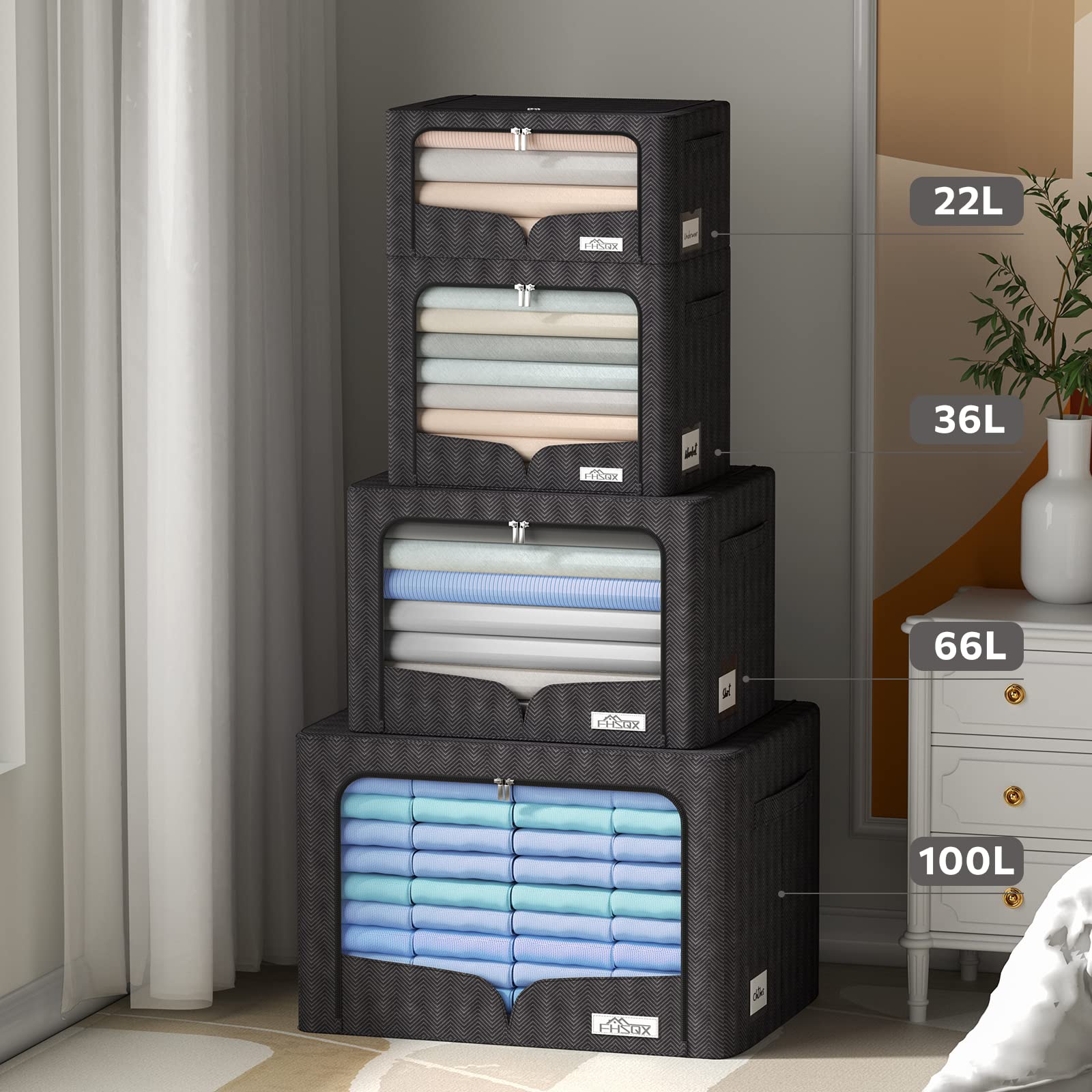 3 Pack Clothes Storage Organizer Bins - Foldable Metal Frame Storage Box Stackable Container Organizer Set with Carrying Handles and Clear Window (Small-22L-15.7x11.8x7.8inch, Black)