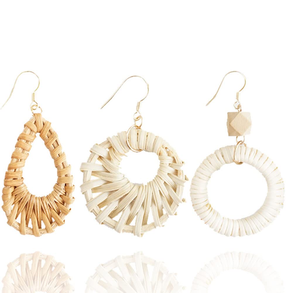 4 Pairs Geometric Rattan Earrings,Tassel Woven Bohemian Earrings for Women Girls Straw Braid Hoop Drop Dangle Earring