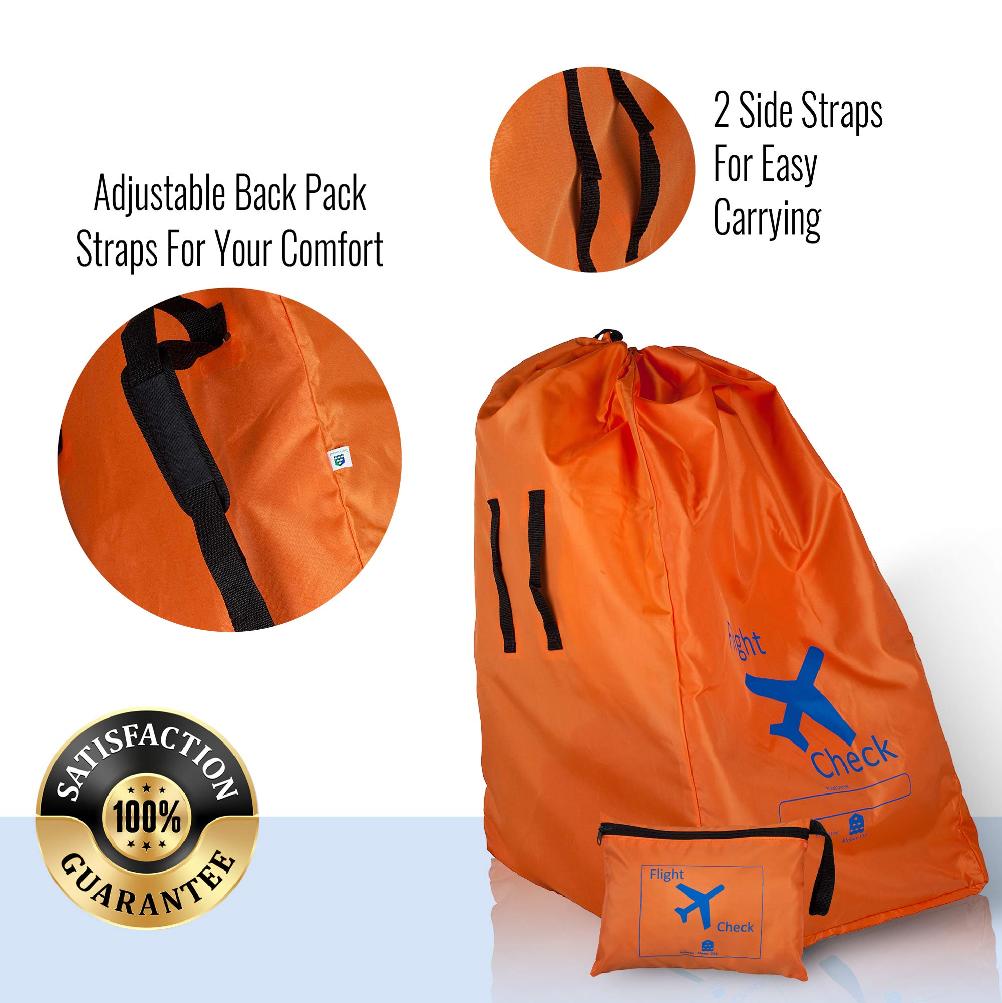 Car Seat Travel Bag and Carrier for Gate Check with Travel Pouch - Bright Orange with Blue Letters for Airport, Airplane Gate Check, Car Trips and Storage Double Backpack Straps | Carseat Bag for sto