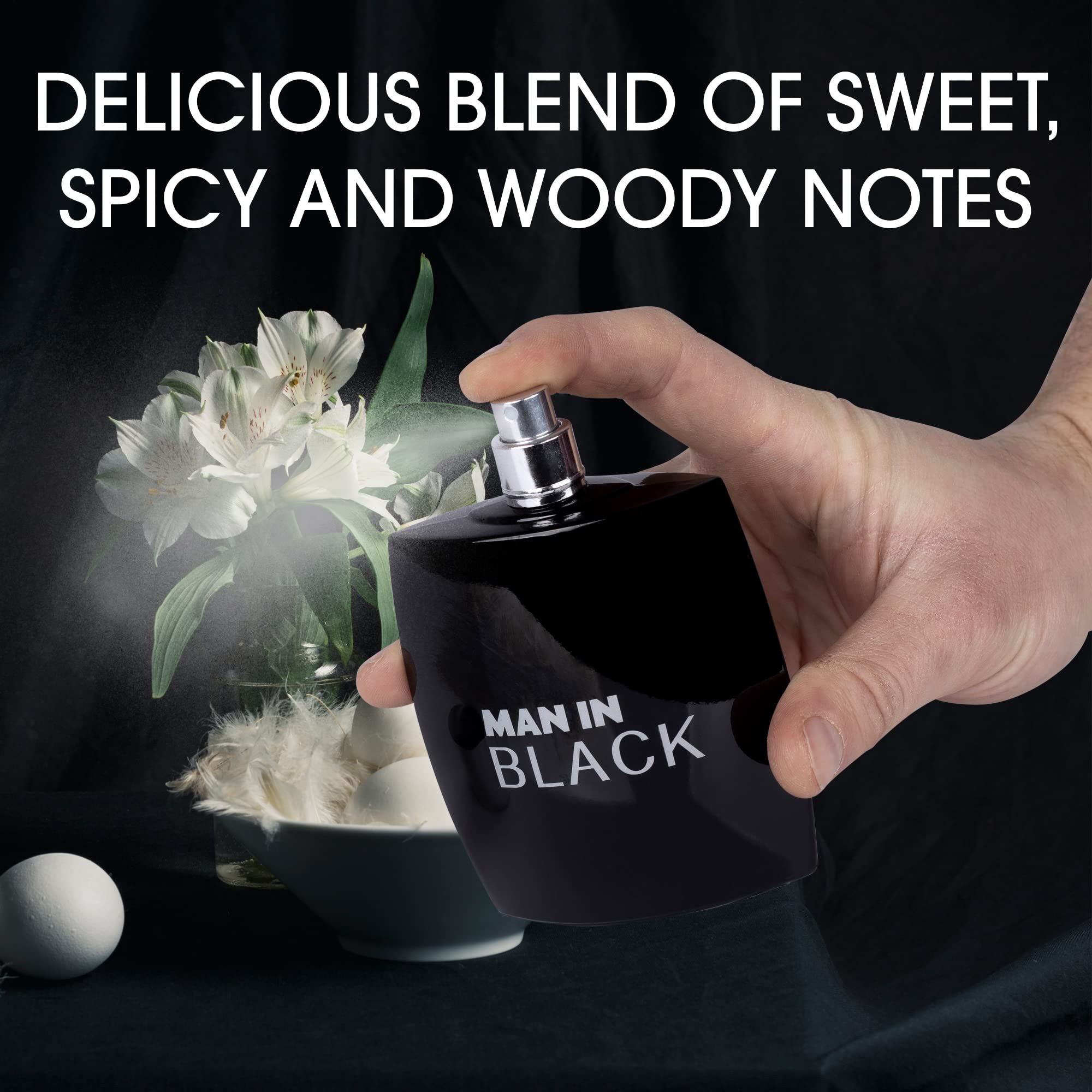 NovoGlow Man in Black for Men - Luxurious Aroma in Each 3.4 fl Oz Black Glass Bottle - Top Notes of Bergamot and Pineapple Formulated with Essential Oils - Fantastic Gift Choice - Grey Suede Pouch