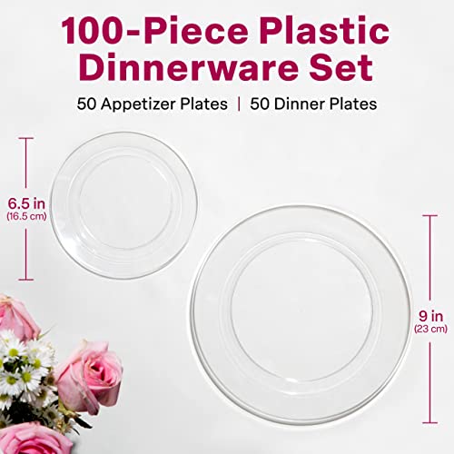 Aya's 100 Clear Plastic Plates Disposable, Premium Heavy-Duty Plastic Plates - 50 Plastic Dinner Plates 9" + 50 Salad, Dessert, Appetizer Plates 6.25" for Weddings - Disposable Clear Plates for Party