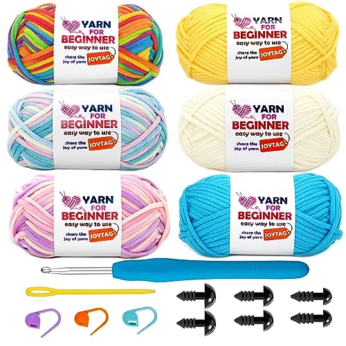 6 Pack Beginners Crochet Yarn Rainbow Yellow White Blue Mulitcolor Crochet Yarn for Crocheting Knitting Beginners with Easy-to-See Stitches Crochet Yarn for Beginners Crochet Kit(6x50g)-Rainbow Mix