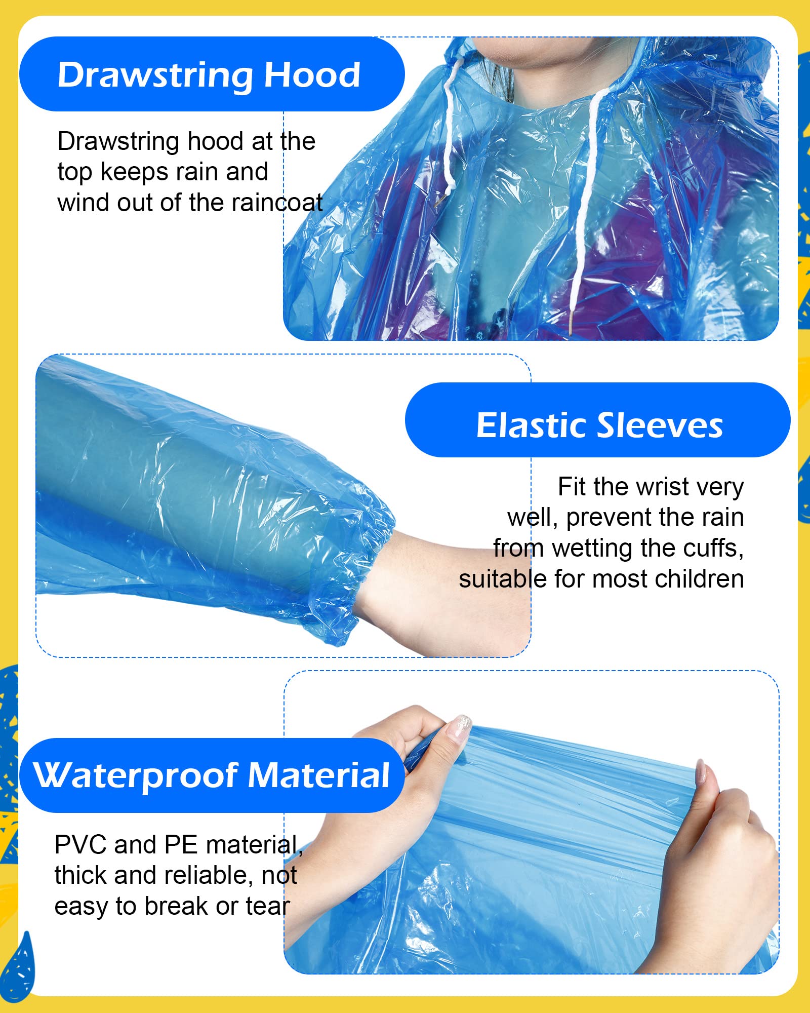 30 Pcs Kids Rain Ponchos Bulk Disposable Rain Ponchos for Kids Emergency Ponchos Disposable Ponchos Pack (Pink, Purple, Blue)