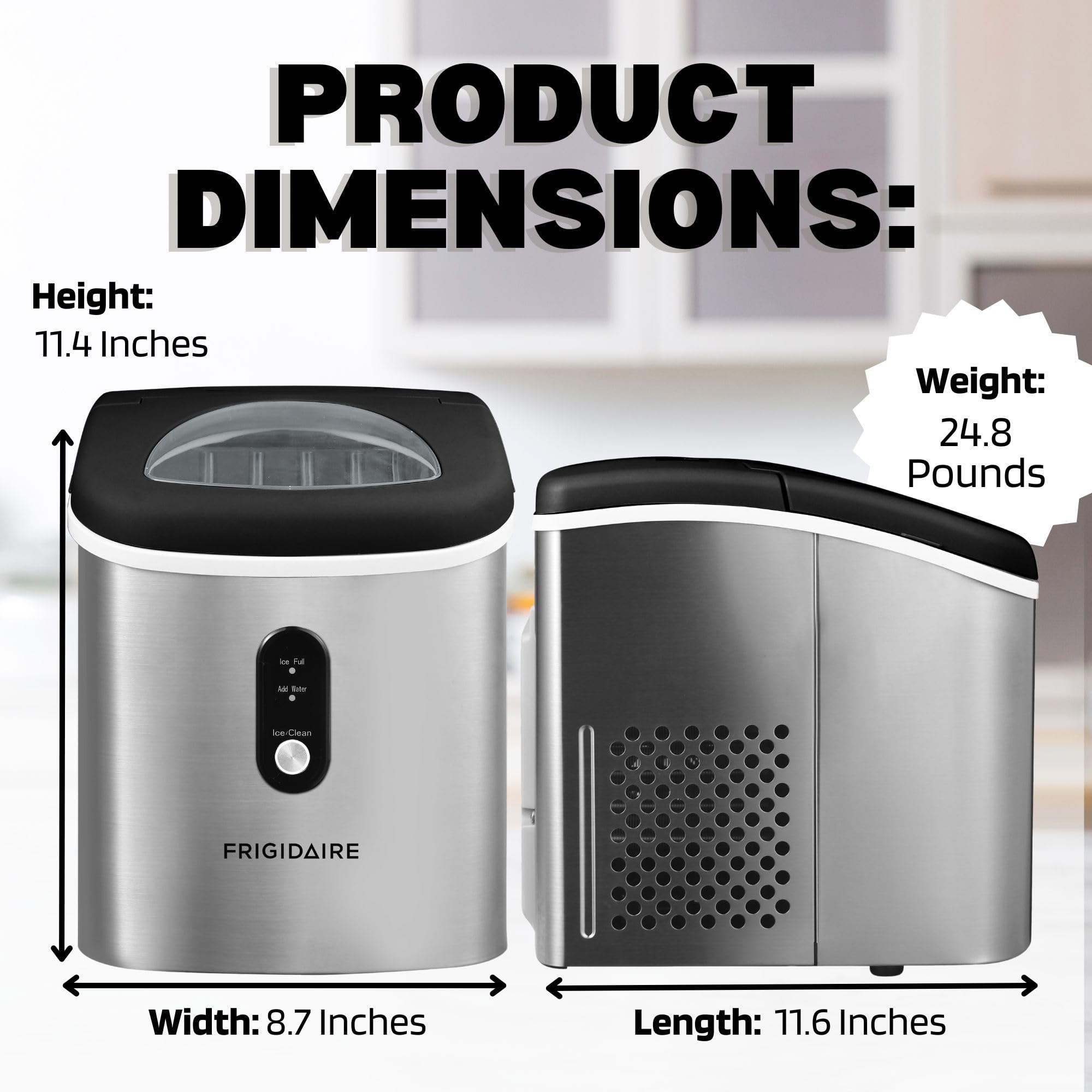 Frigidaire Stainless Steel Ice Maker Machine - Heavy Duty - Makes 26 lbs of Clear Ice Per Day - Digital LED Control Panel - Transparent Window - 1.2 Quart Water Reservoir - Stainless Steel