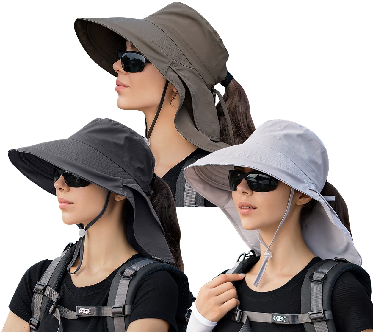 3 Pack Womens Ponytail Sun Hat with Neck Flap Wide Brim UV Protection Bucket Hat Summer Beach Fishing Hiking Garden UPF 50+ (3 Pack-Dark Grey＆Light Grey＆Army Green)