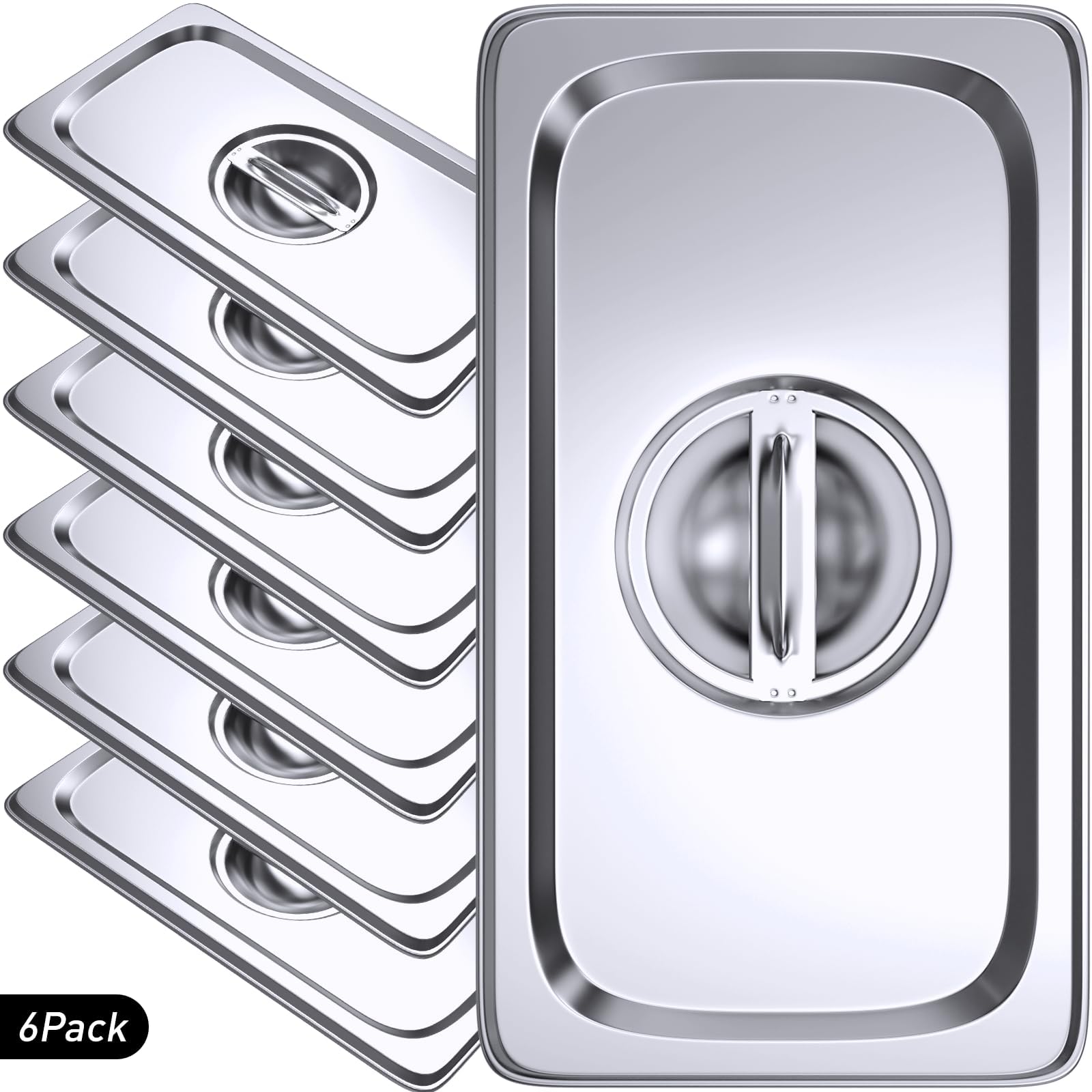 6 Pack 1/3 Size Steam Table Pan Covers, Solid Steam Table Pan Lids, Stainless Steel Hotel Pan Lid with Handle, Catering Food Pan Cover, Silver Buffet Pan Lids, Hotel Pan Cover for Catering