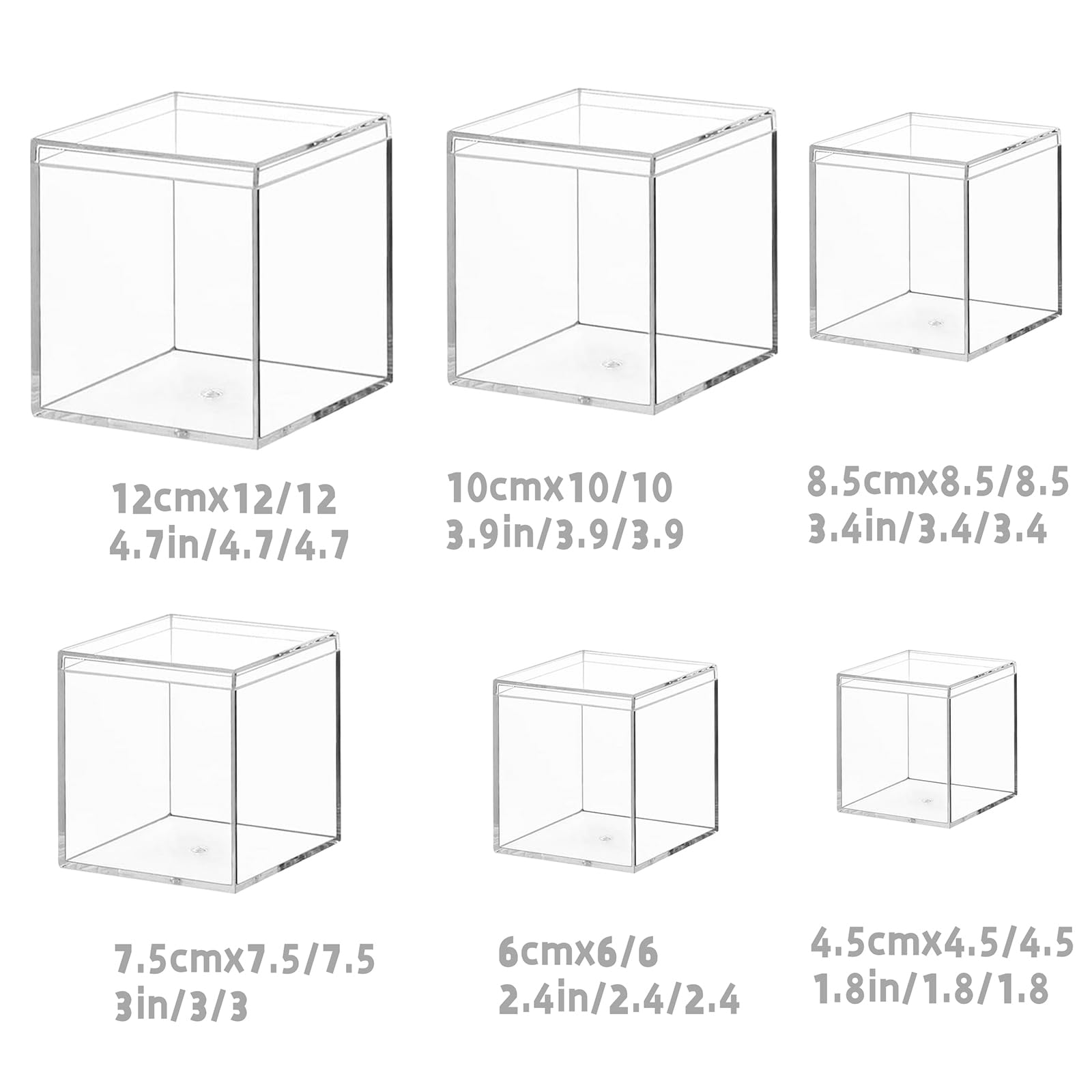 4.7/4/3.3/3/2.5/1.8 Inch Clear Plastic Box with Lid, Jewelry Storage Box, Square Cube Decorative Storage Box Containers Display Box for Candy Pill Tiny Jewelry Toys Gifts Artwork Display