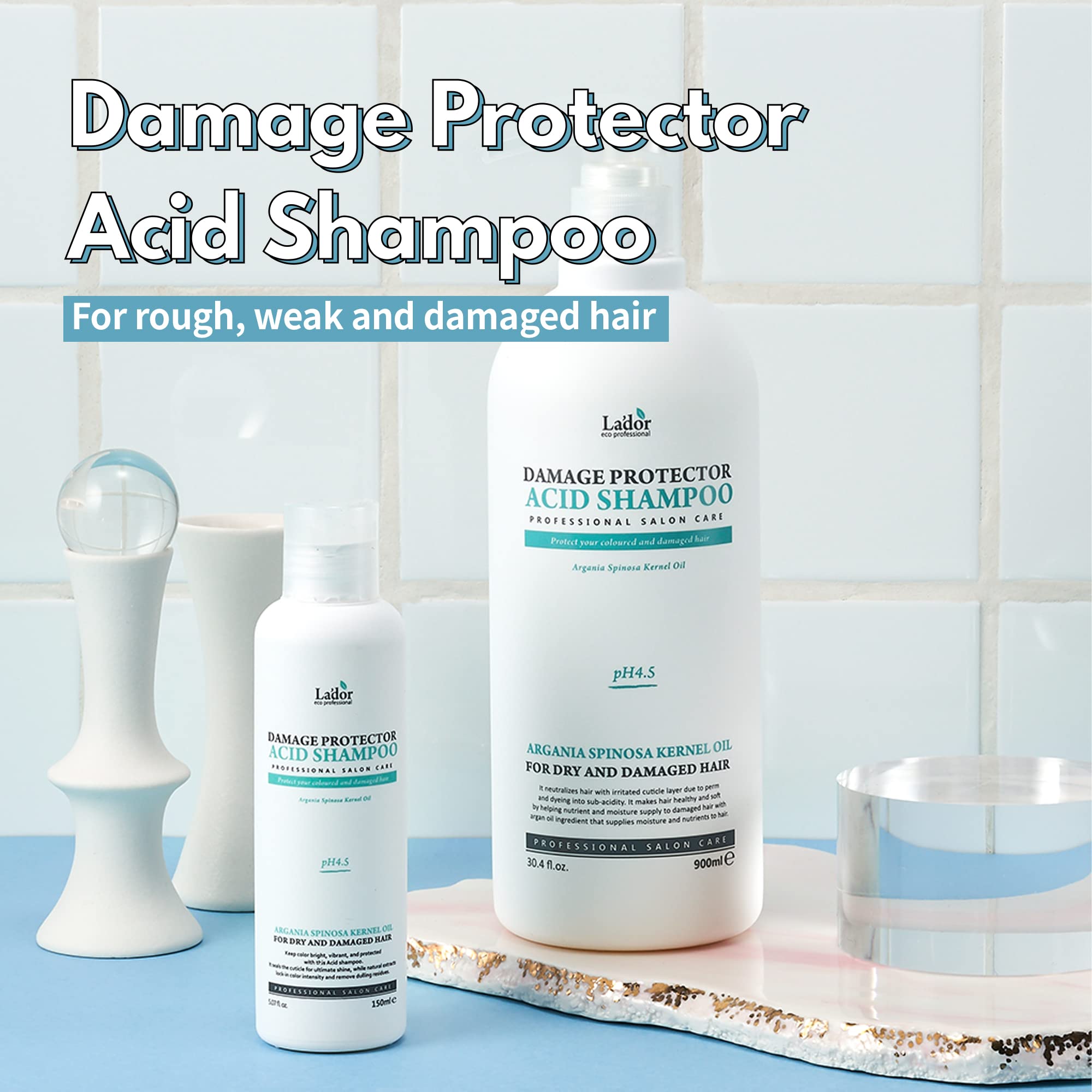 LA'DOR Damage Protector Acid Shampoo (2x 5.07 fl.oz.) - 4.5 pH Acidic Formulation for Hair and Scalp pH Balance, Helps Neutralize Alkaline pH from Dyes and Bleaching LADOR