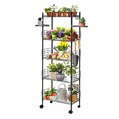 Hestiasko 5 Tier Storage Shelf with 2 Rotatable Shelves, Adjustable Storage Rack with 5 Hooks, Metal Shelf Rack, Standing Shelving Units for Bathroom, Kitchen, Garage[59.1"H x 21.7"W x 11.8"D]-Black