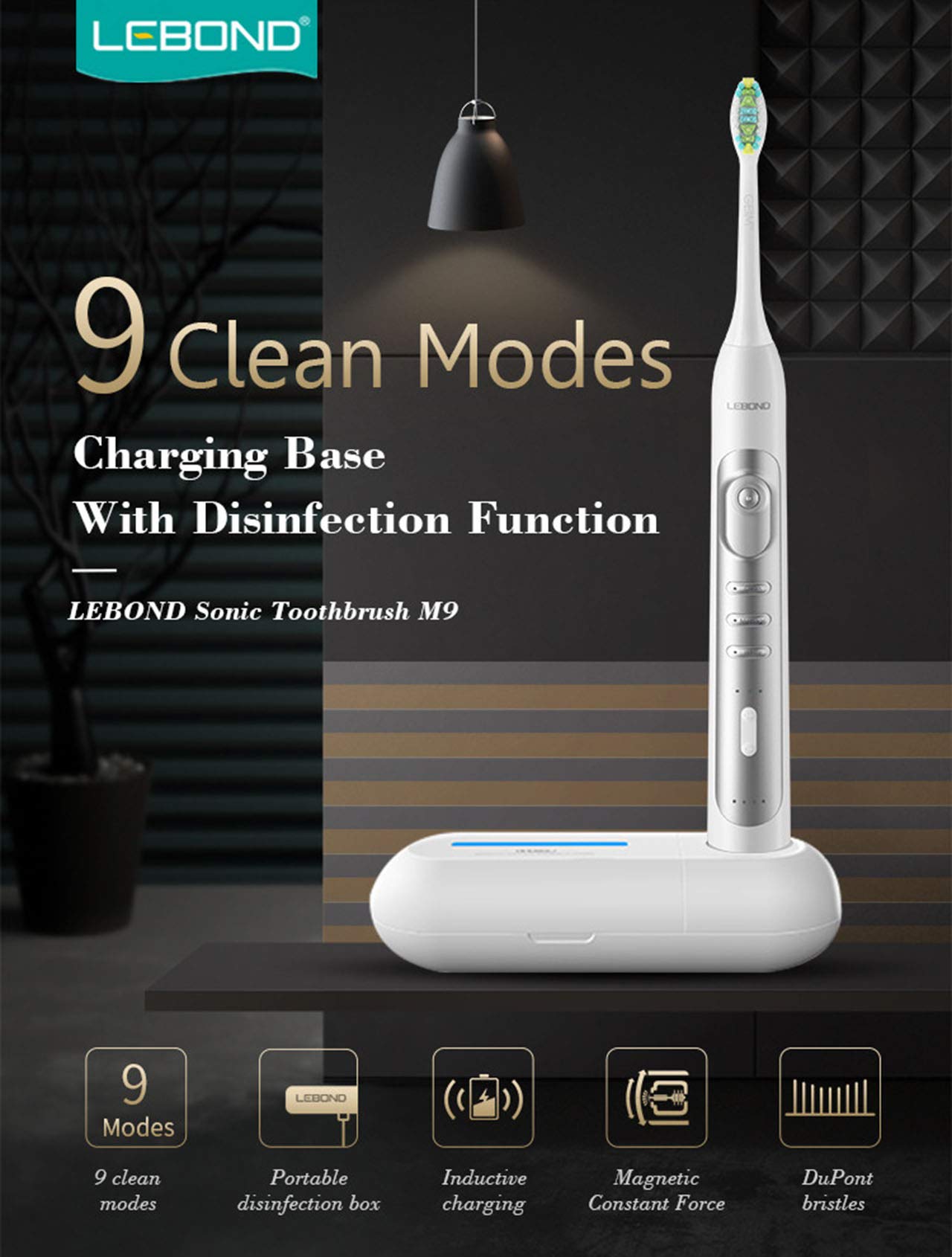Sonic Electric Toothbrushes with Charging Case & Travel Case, LEBOND USB Inductive Rechargeable Electric Toothbrush with 3 Modes, Smart Timer and 2 Replacement Heads for Kids and Adults