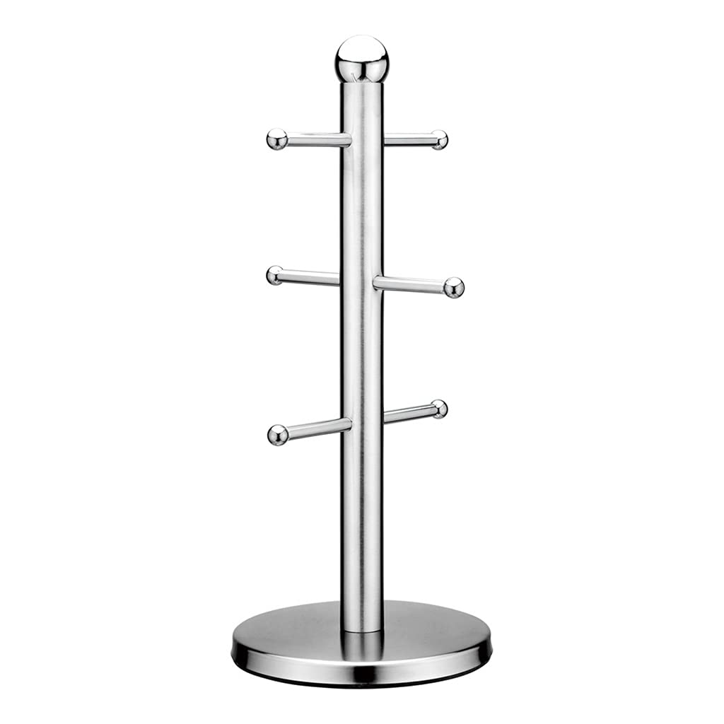 6 Cup Mug Tree Holder Tabletop Coffee Tea Kitchen Storage Rack Silver With Non-Sip Base Drinkware Shelf For Home Kitchen Mug Rack Tree Stainless Steel Countertop Stand Cabinet Holder Shelf Coffee Cup