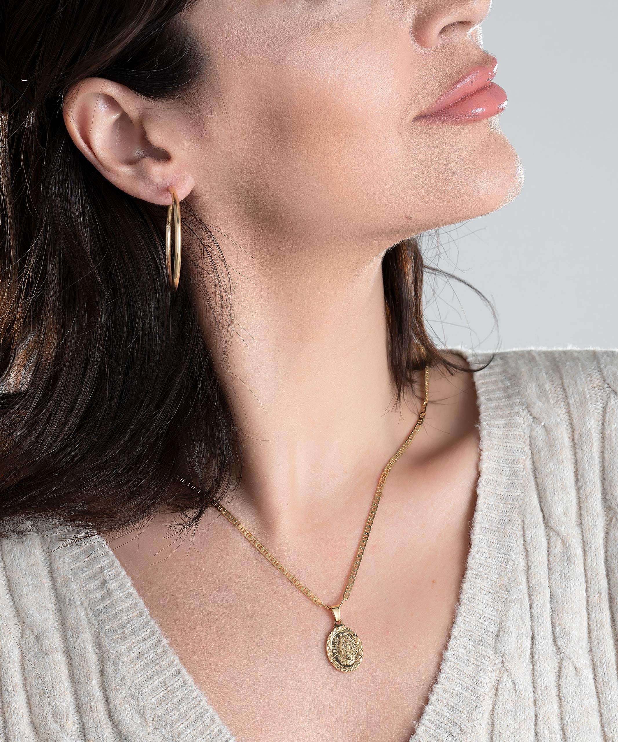 Barzel 18K Gold Plated Flat Mariner/Marina Chain Necklace With Virgin Mary Guadalupe Charm Pendant 3MM (20)