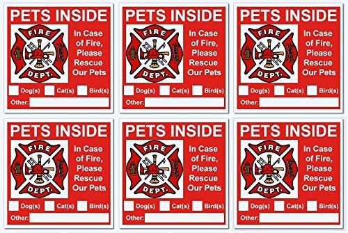 6 Pets Inside Red Safety Alert Warning Window Door Stickers; in Fire or Emergency They Notify Rescue Personnel to Save Pet; 3 X 3 Inches