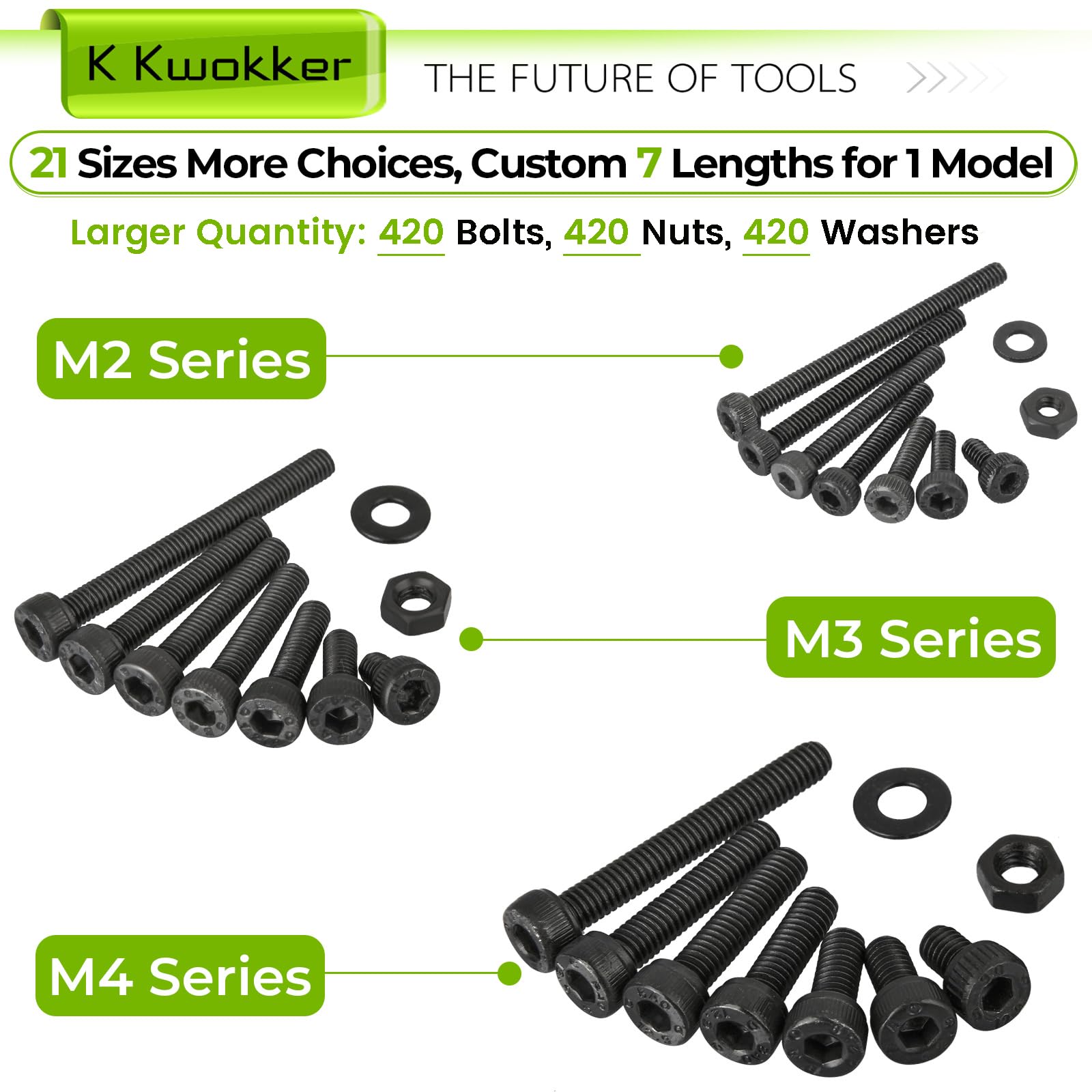 K Kwokker 1710Pcs Metric Bolt Assortment M2 M3 M4, 21 Sizes 4MM to 30MM Upgraded Zinc Plated Hex Socket Head Cap Machine Screws, 12.9 Alloy Steel Bolts and Nuts Kit Screws Nuts and Washers