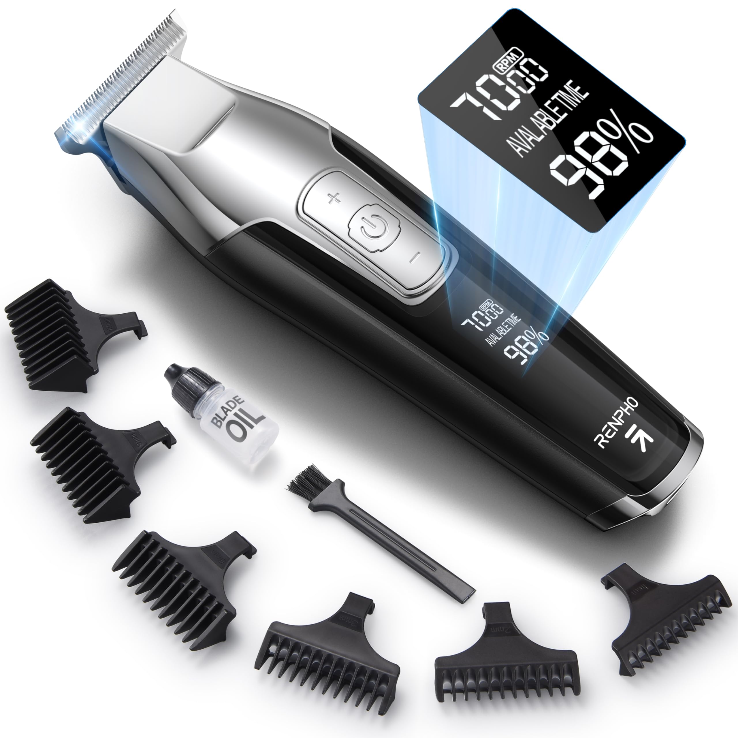 RENPHO Cordless Hair Clippers for Men, Beard Trimmer with LED Display, 4-Speed Hair Trimmer for Men, 0.15mm Professional Barber Clippers, Hair Cutting Kit, 100-240V for Global Travel