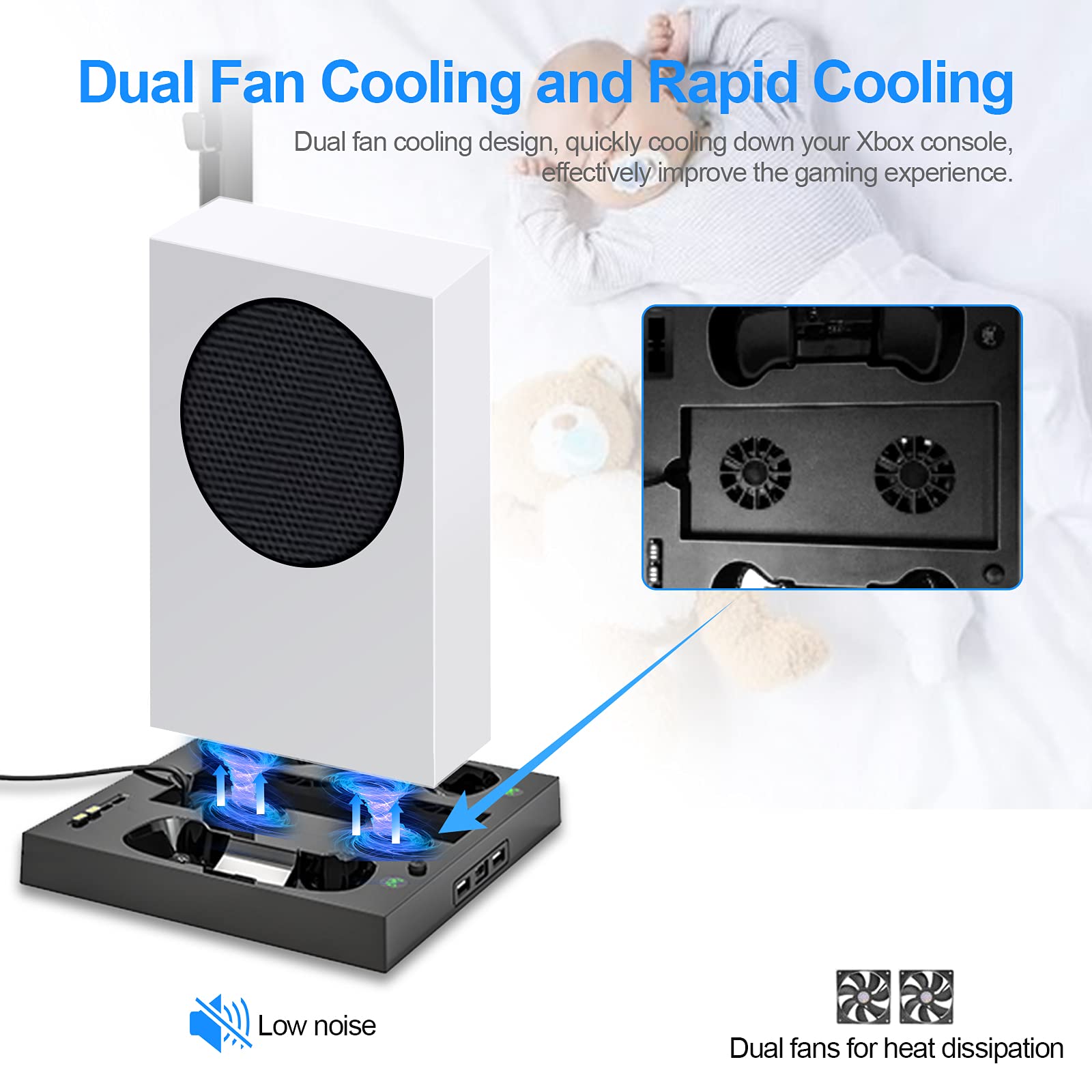 Joso Cooling Fan Vertical Stand for Xbox Series S, with Dual Controller Charging Station, Headset Stand, 1400mAh Rechargeable Battery Pack - Black