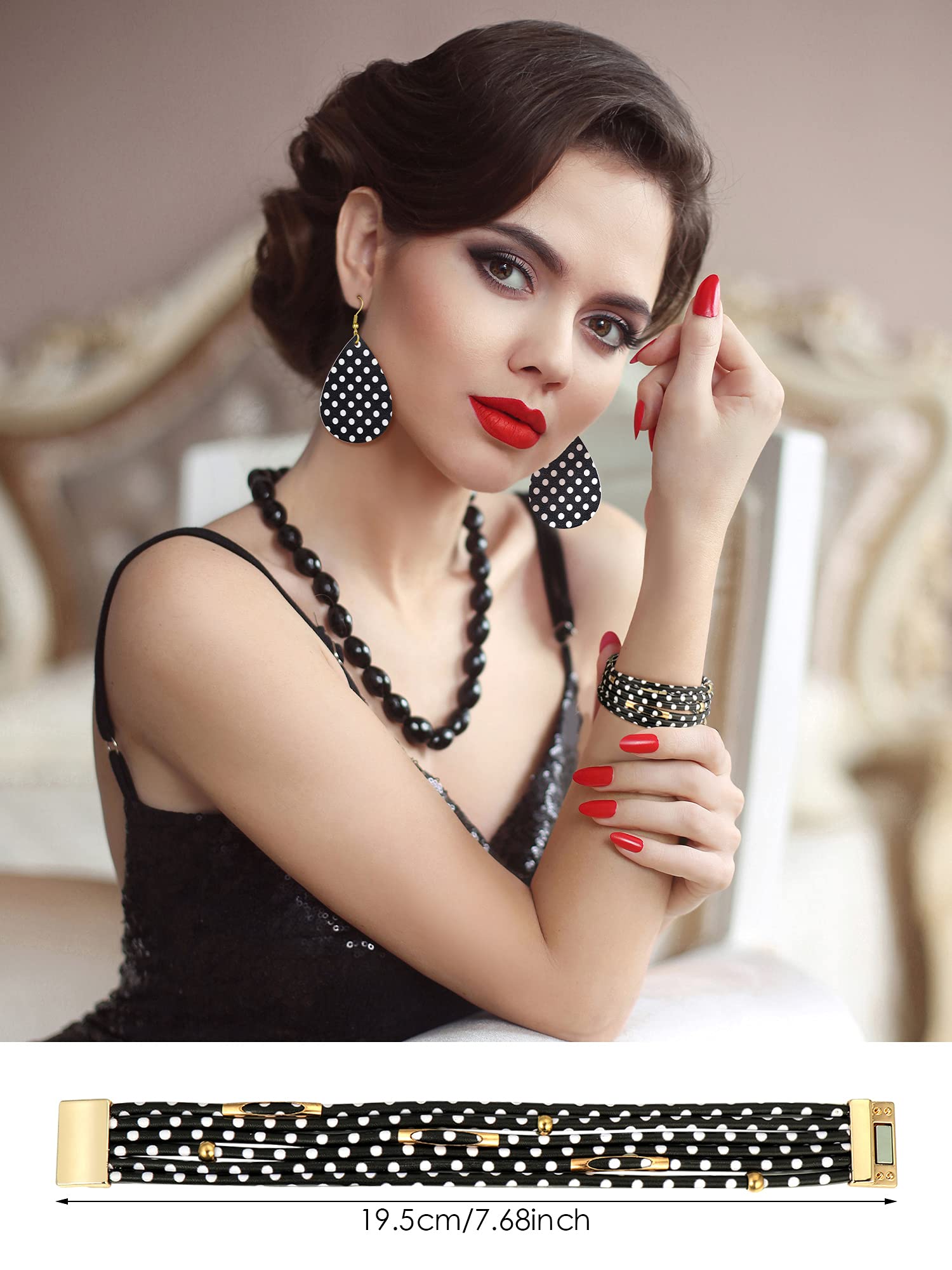 4 Pieces Women's Jewelry Set Polka Dot Pattern Necklace Multi-Layer Bracelet and PU Leather Dangle Earrings (White)