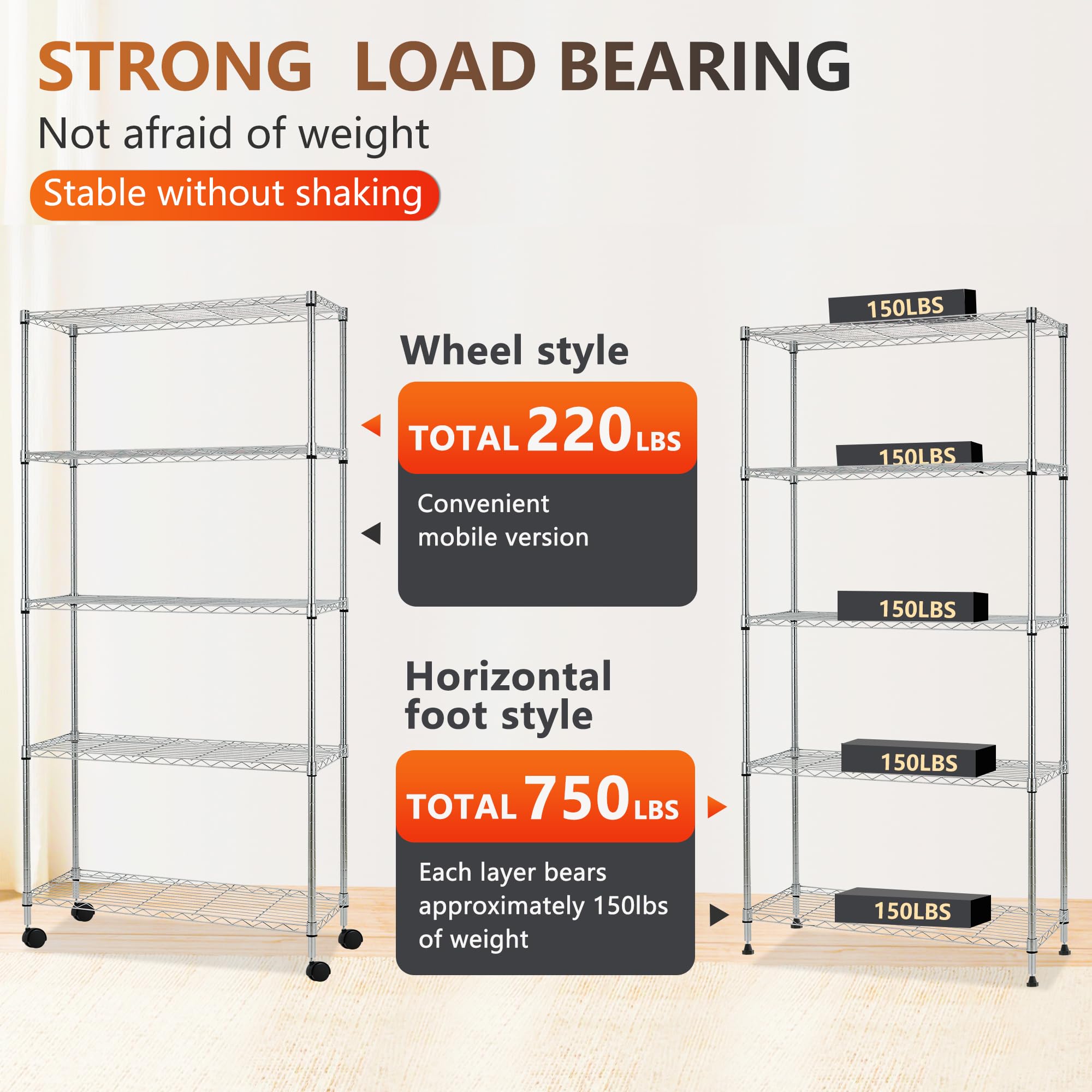 FDW Storage Shelves Adjustable Storage Rack Wire Shelf with Wheels Outstanding Load Metal 5 Tier Shelves Shelf Storage Solution for Small Spaces Multifunctional Easy Assembly,Chrome