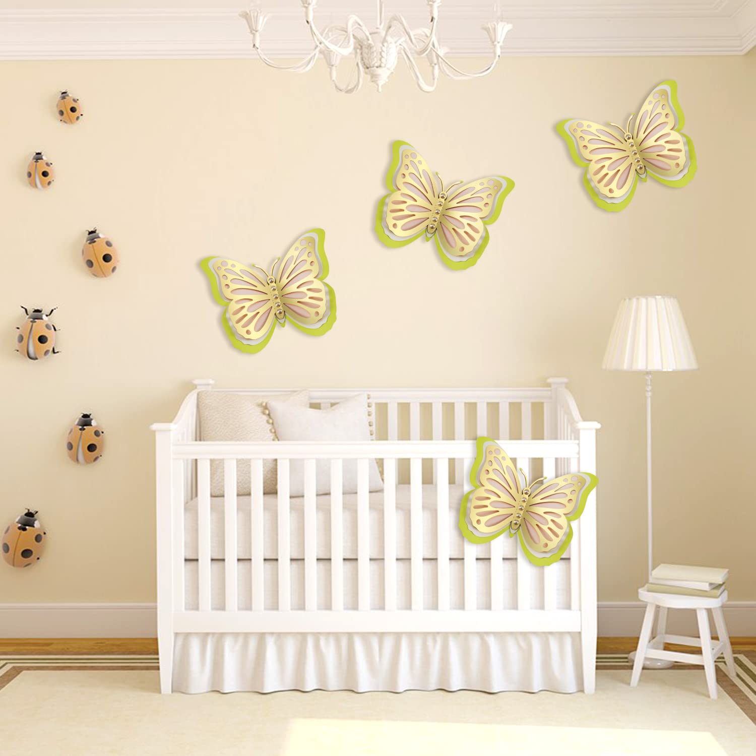 4 PCS 3D Large Butterfly Wall Decor, 12" 4 Layer 3D Butterfly Stickers Set with Artificial Pearls for Birthday Background Girls Bedroom Wedding Party Decorations (Golden)