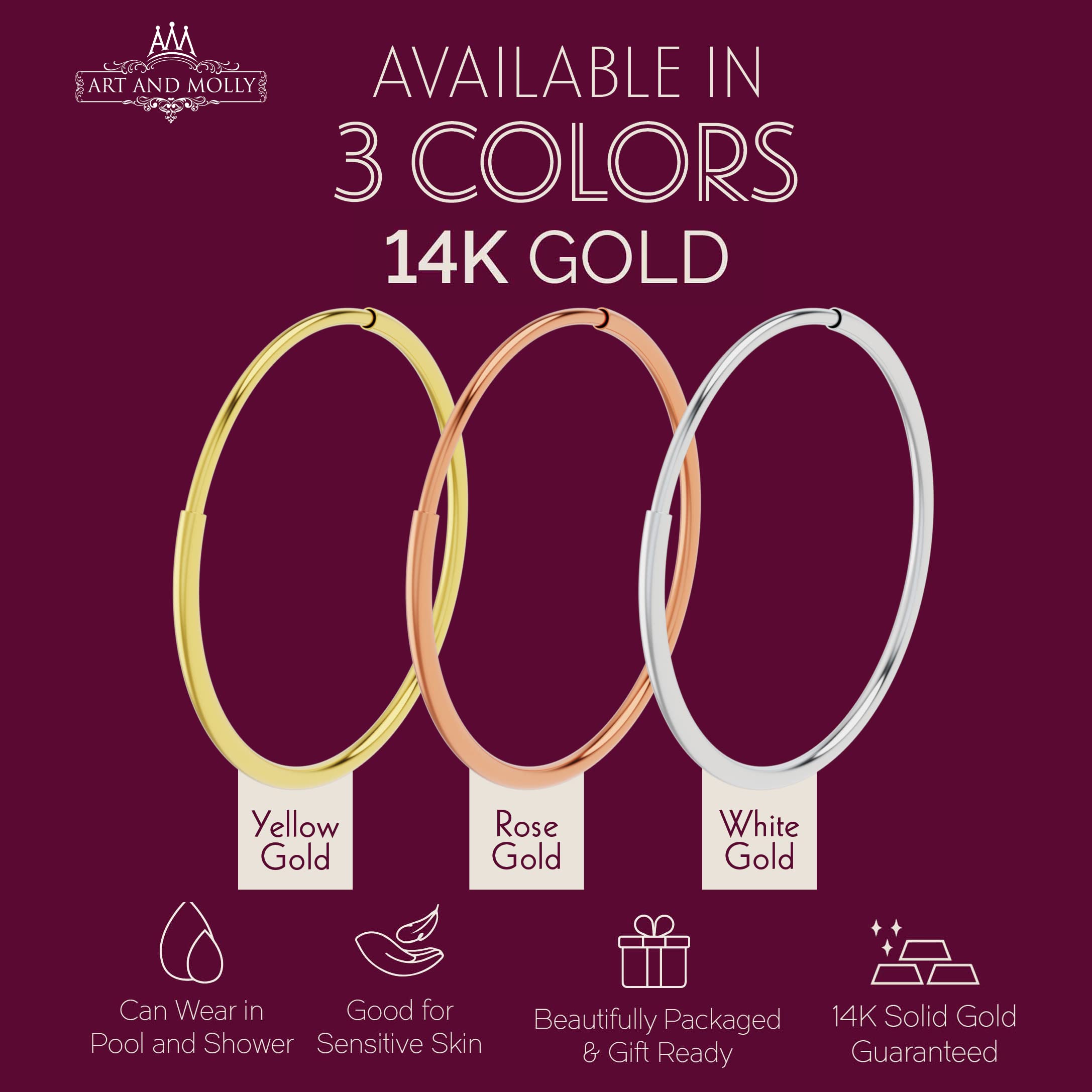 3 Pair Set 14k Gold Endless Hoop Earrings, 10mm (tri-color-gold)